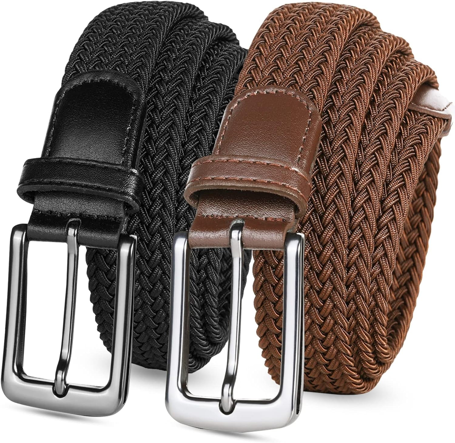 FINGER TEN Men's Stretch Belts Elastic Braided Value 2 Pack, Woven Belt ...