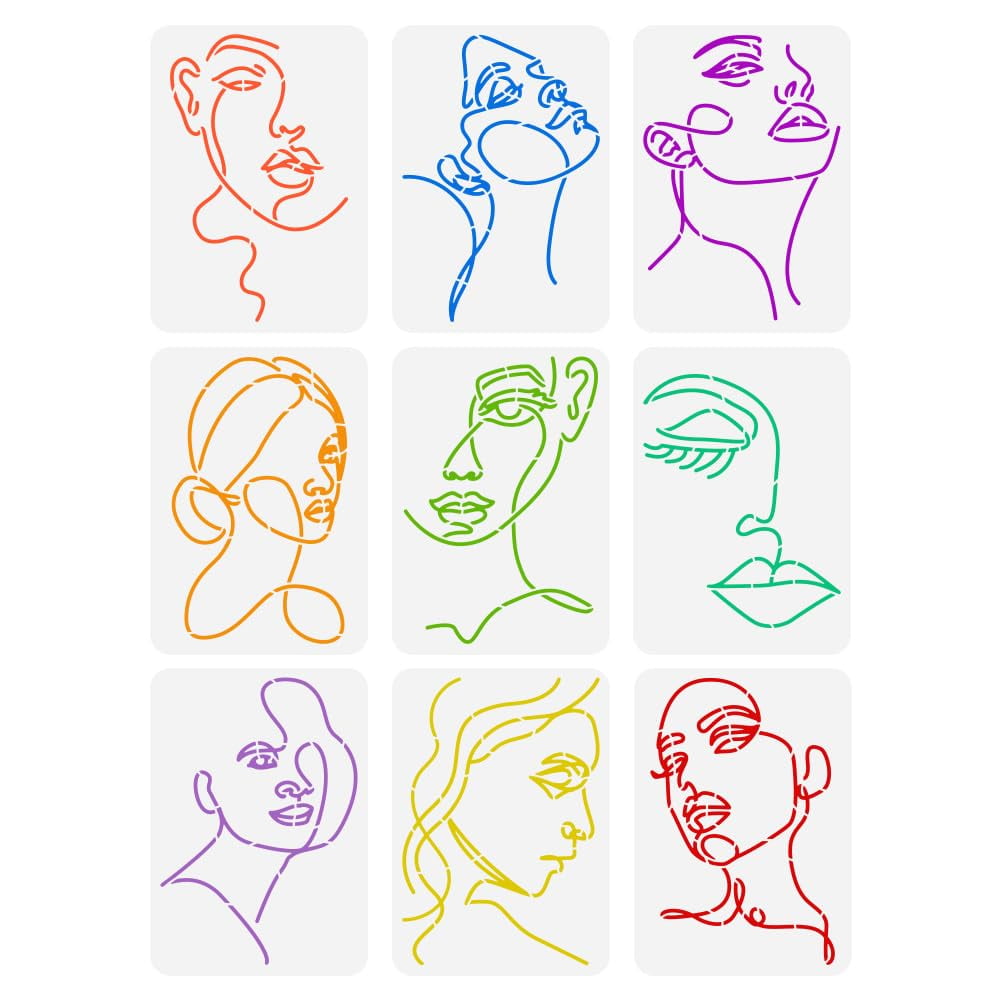 FINGERINSPIRE 9PCS Lady Line Art Painting Stencil 8.3x11.7 Woman Face ...