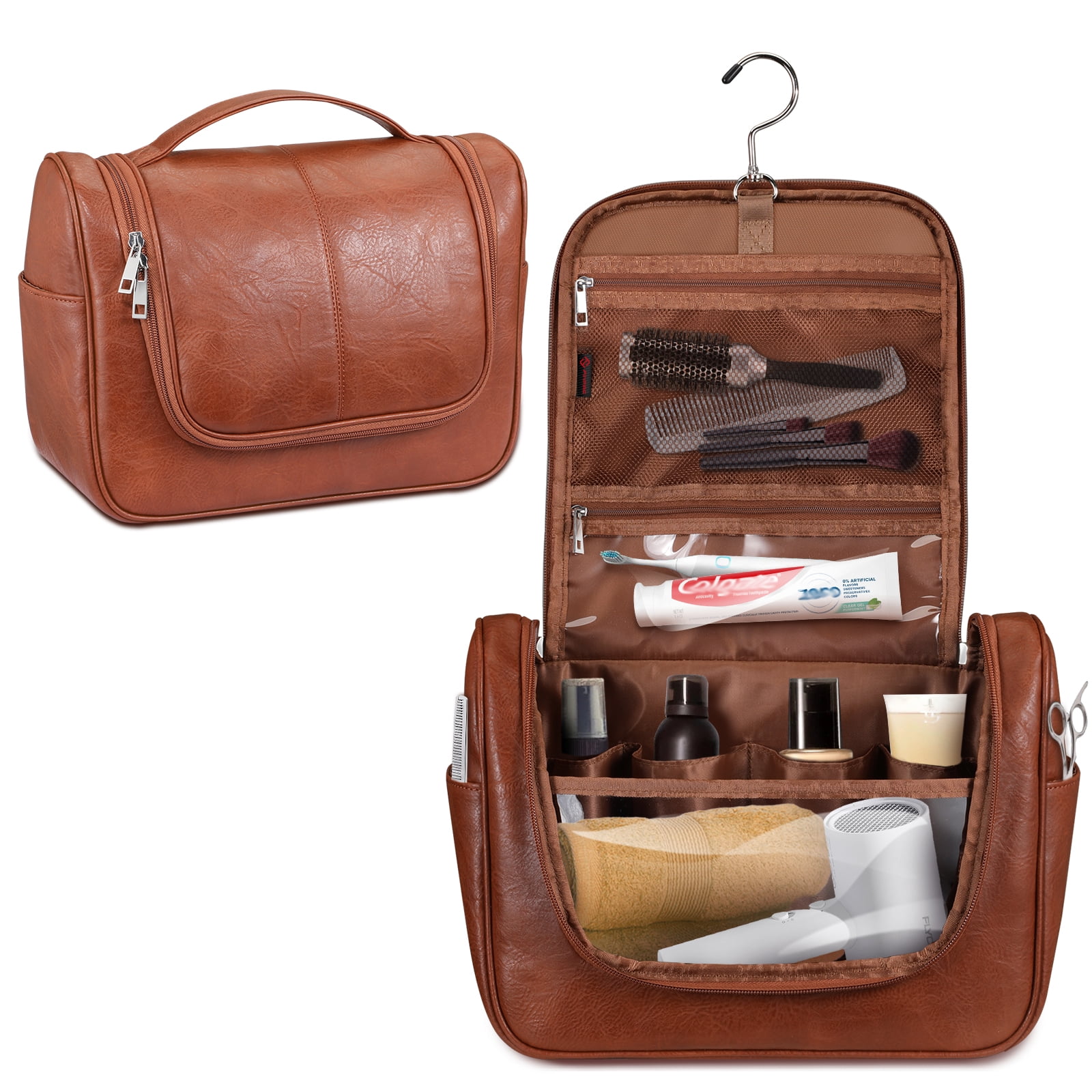 FINPAC Travel Hanging Toiletry Bag for Men and Women, Large PU Leather ...