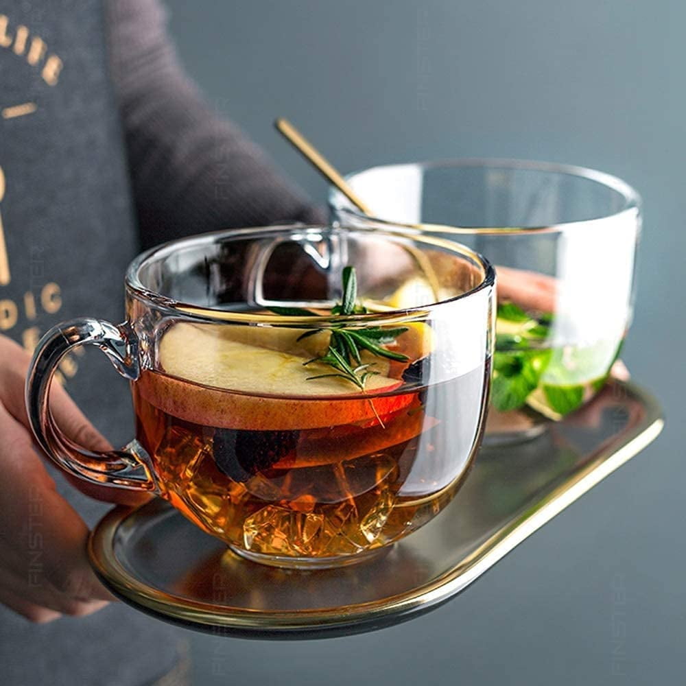 FINSTER Glass Large Coffee Cappuccino Mugs Set 4 440ml Transparent Multi Purpose Tea Cups with ...