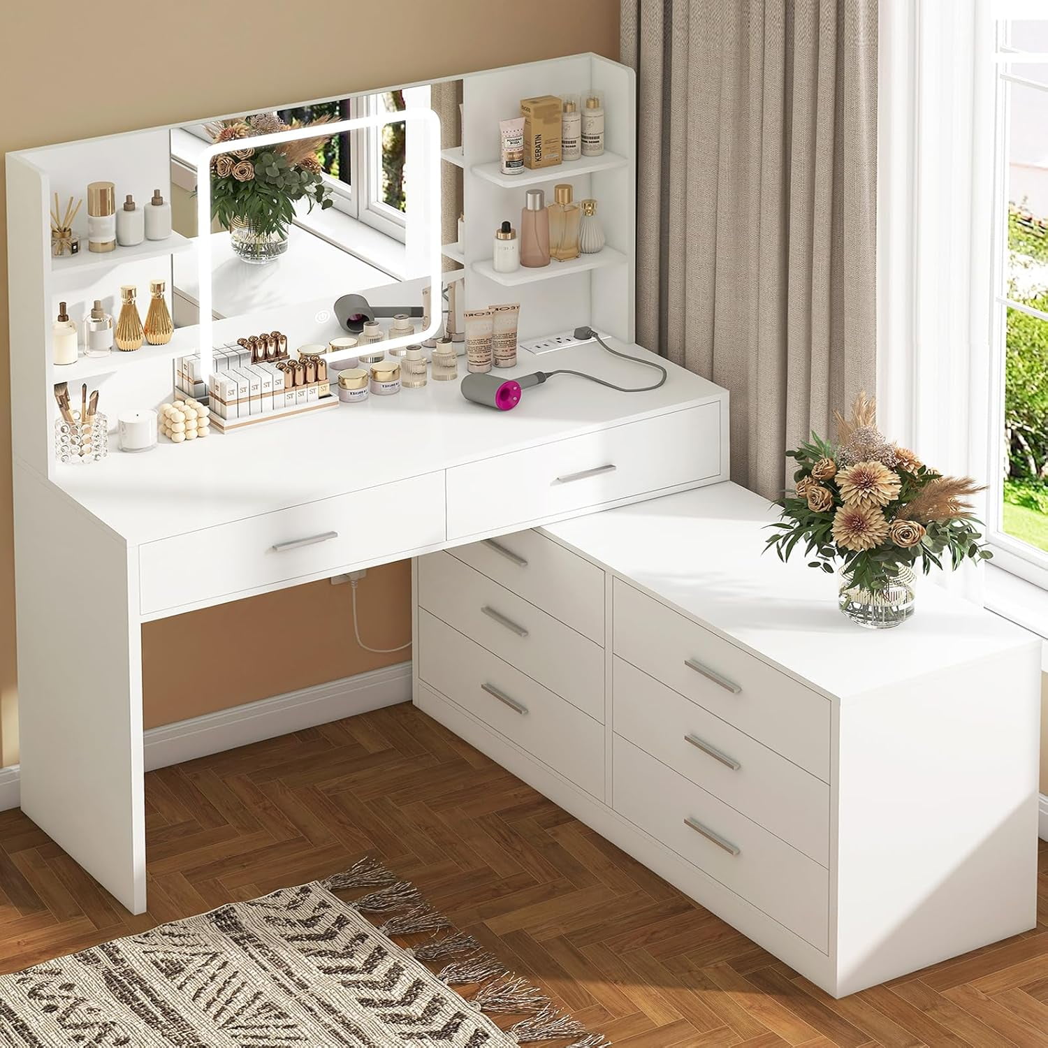 FIONESO Vanity Desk with LED Light Mirror & Power Outlet, 8 Drawers, 6 ...