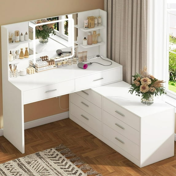 FIONESO Vanity Desk with LED Light Mirror & Power Outlet, 8 Drawers, 6 ...