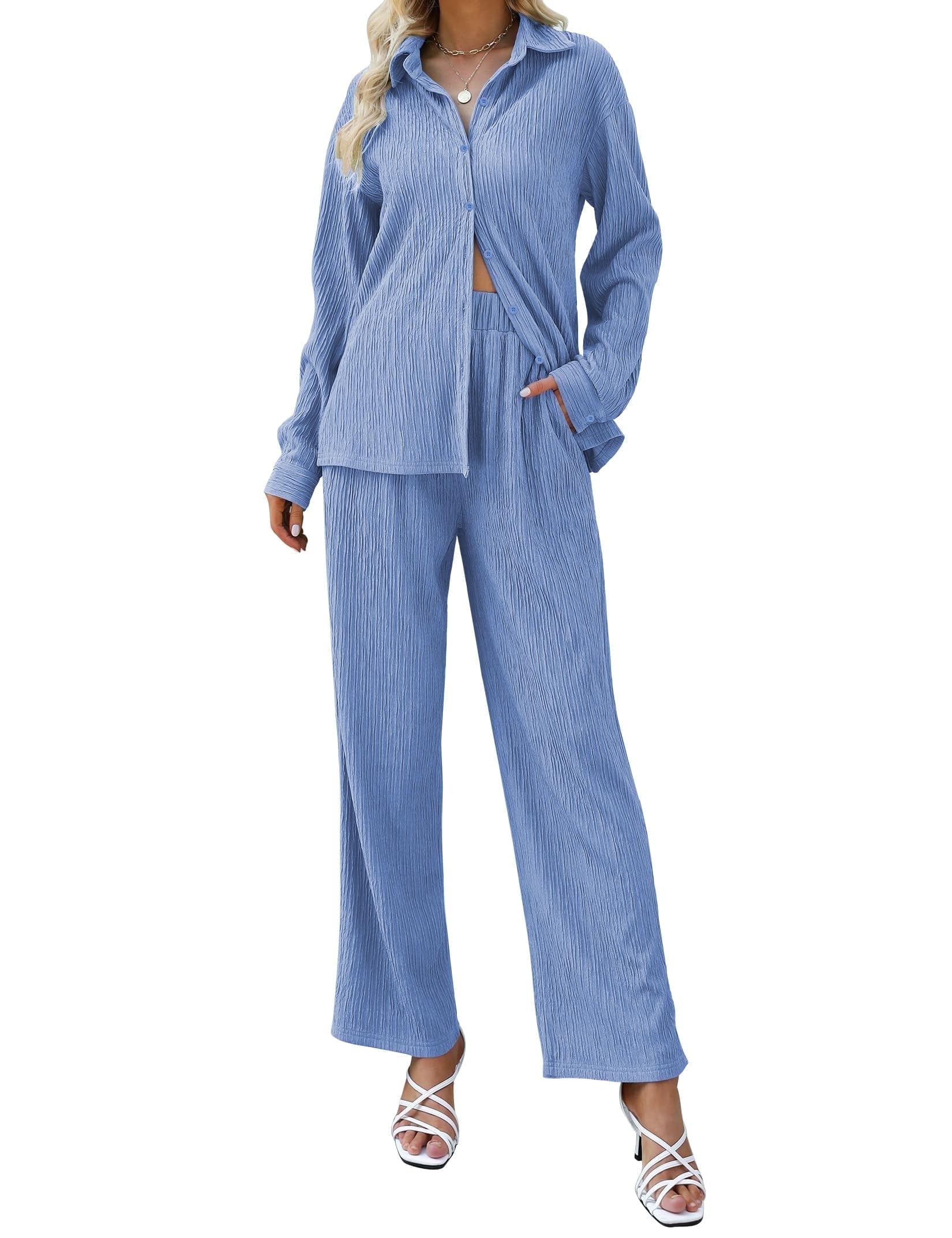 FIOPHY Womens Casual 2 Piece Outfits Pleated Wide Leg Pants and Long ...