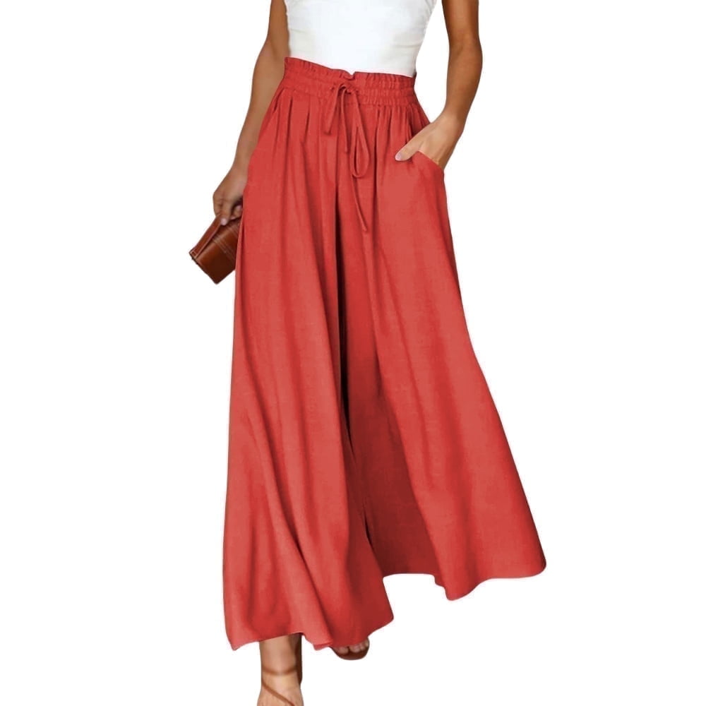FIOPHY Womens Casual Wide Leg Pants Drawstring Ruffle Belted Elastic ...
