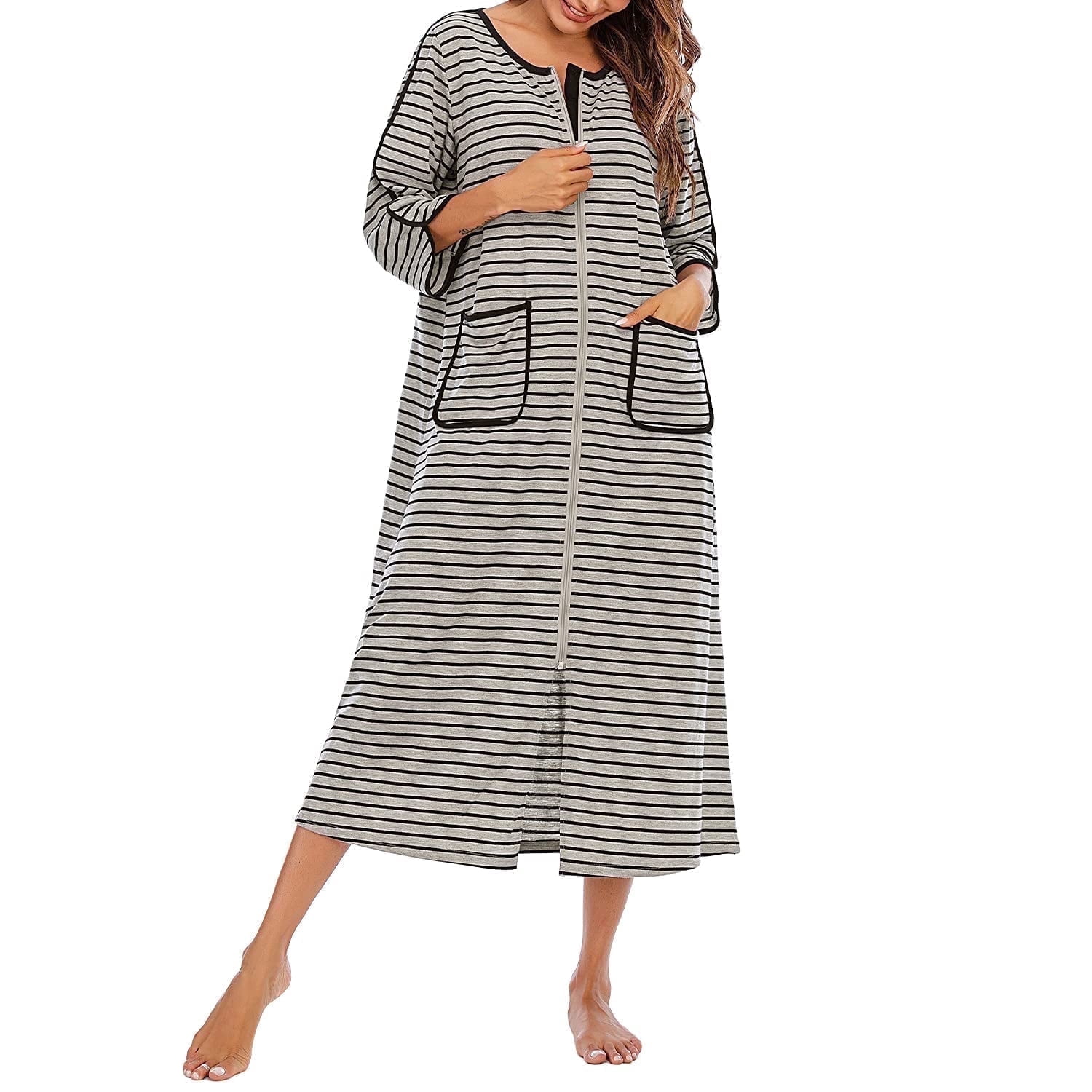 FIOPHY Womens Zipper Front House Dress Long Robes 3/4 Sleeves Striped ...