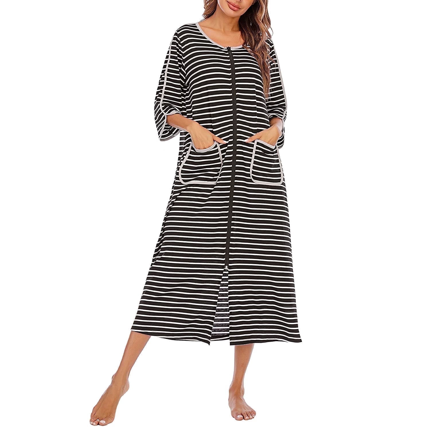 FIOPHY Womens Zipper Front House Dress Long Robes 3/4 Sleeves Striped ...
