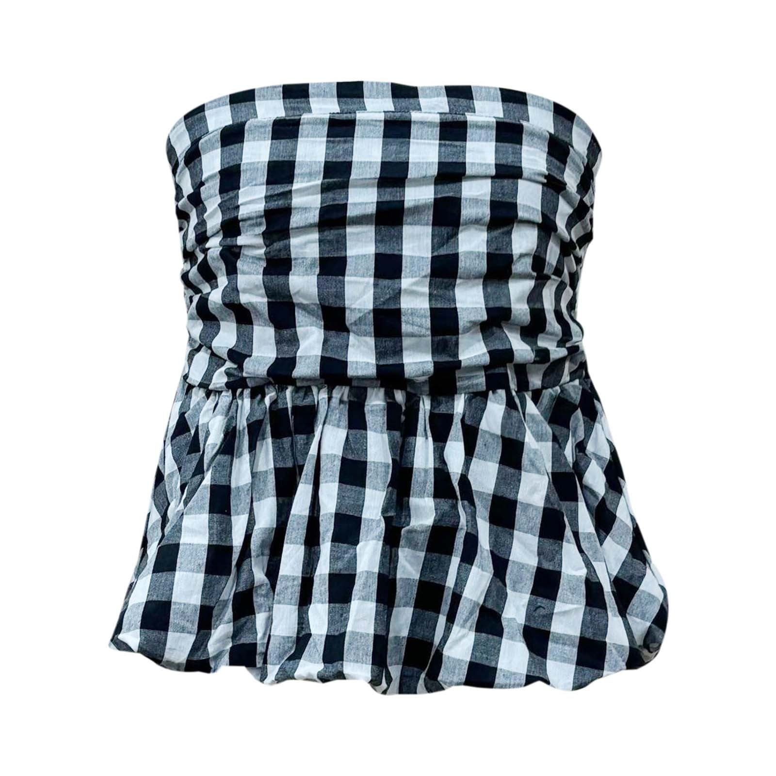 FIOSARIAN Women's Strapless Bustier Top Sexy Solid Grid Puff Sleeve ...