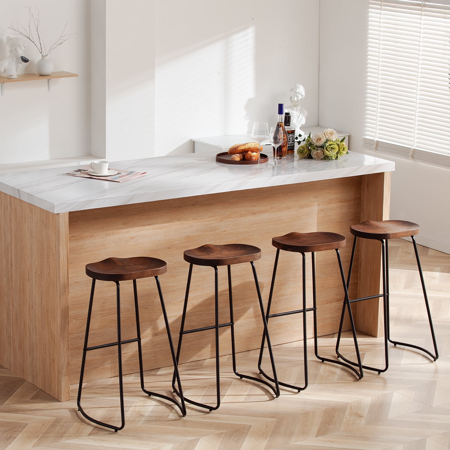 FIRAVOE Barstools Counter Stools Set of 4 (Backless Solid Wood) Bar ...