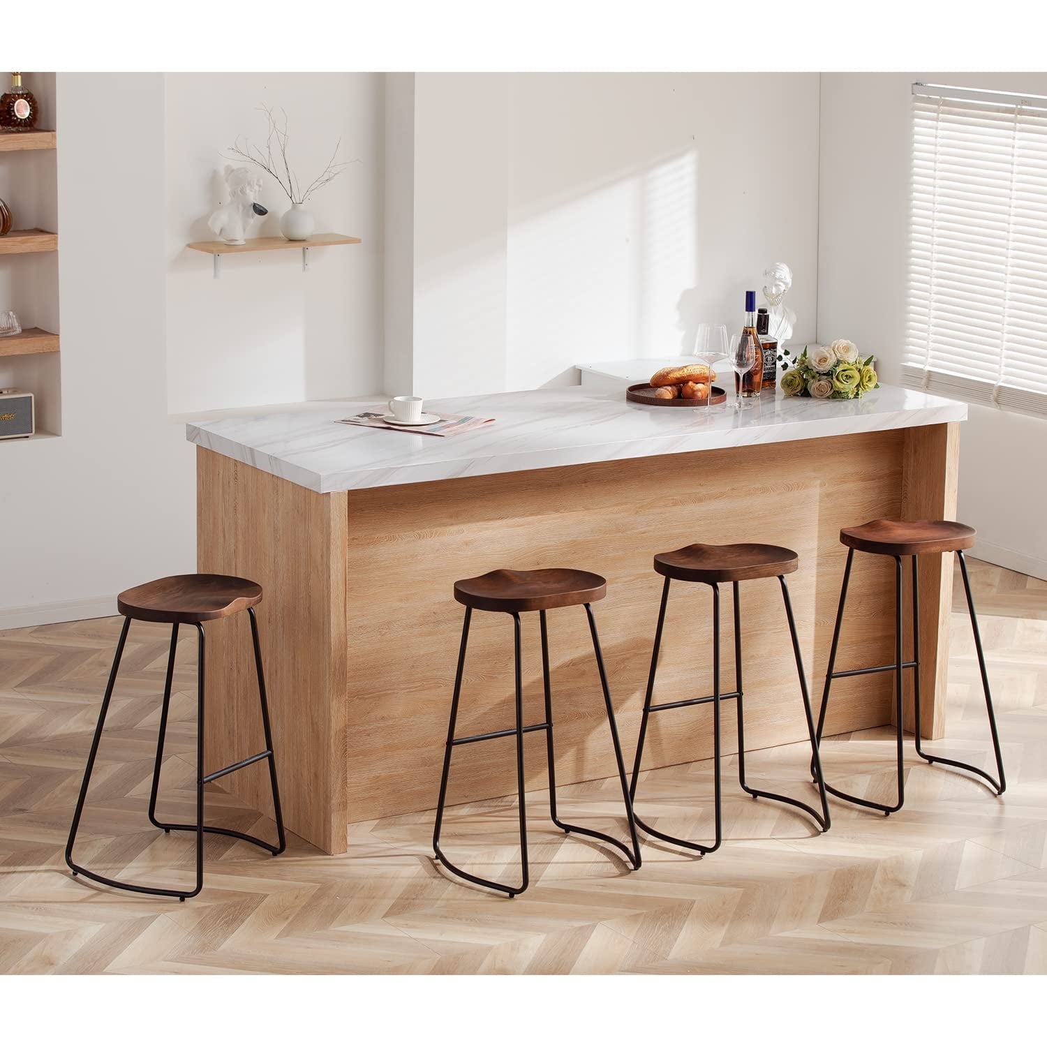 FIRAVOE Bar Stools Set of 4, Saddle Seat Bar Stools with Metal Legs ...