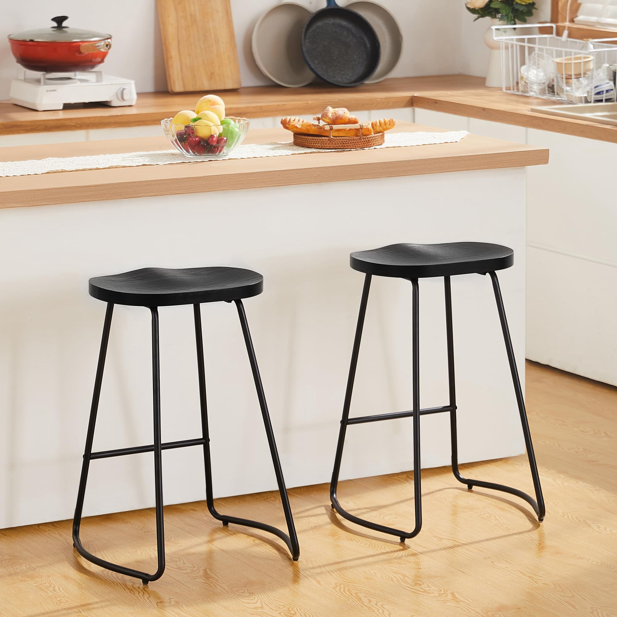 FIRAVOE Solid Wood Saddle Bar Stools Set of 2, 26" Backless Barstool ...