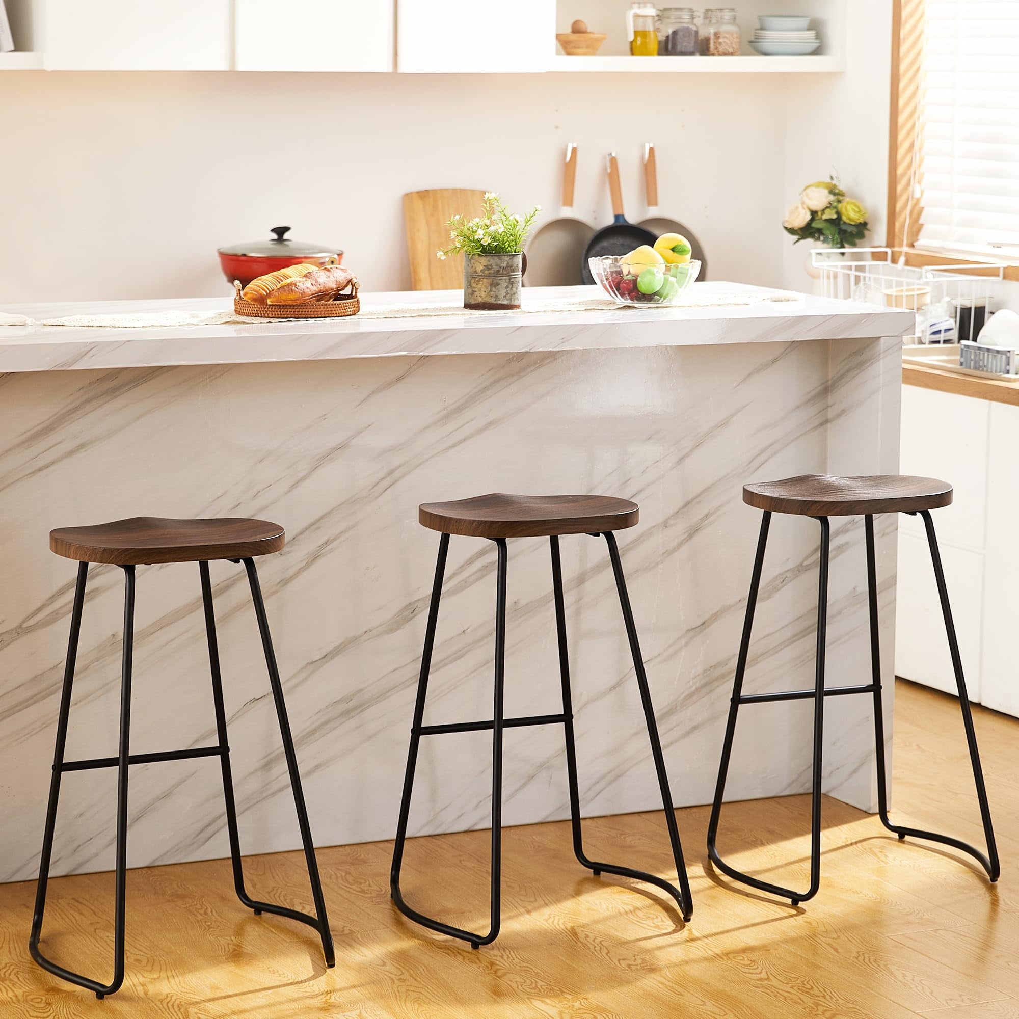 FIRAVOE Solid Wood Saddle Bar Stools Set of 3, 30" Backless Barstool ...