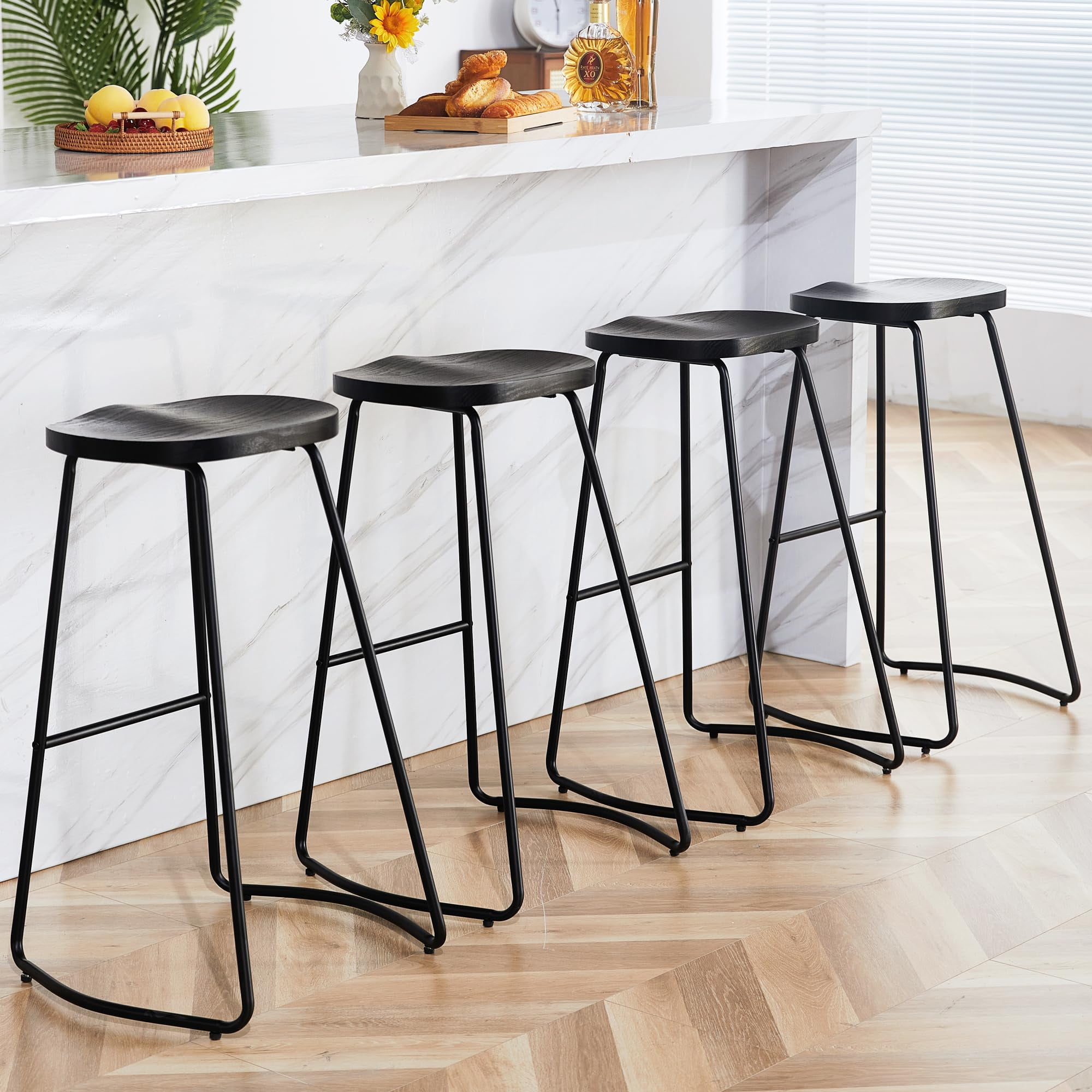 FIRAVOE Solid Wood Saddle Bar Stools Set of 4, 30" Backless Barstool ...