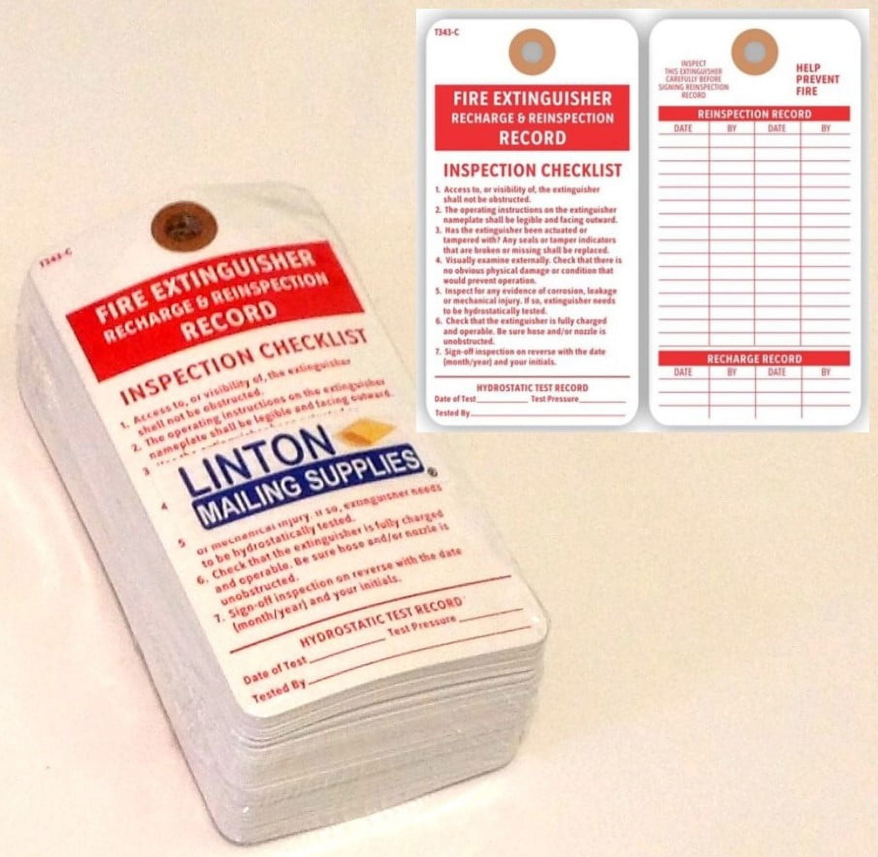 FIRE EXTINGUISHER RECHARGE & REINSPECTION RECORD Tag w INSPECTION CHECKLIST (2-Sided), 3" x 5.75 ...