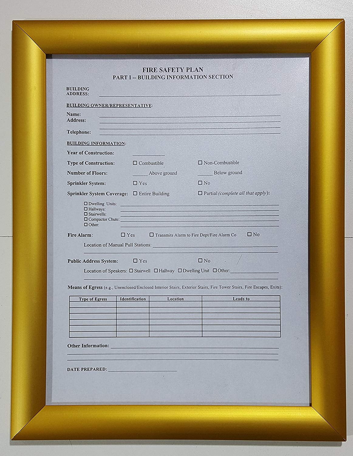 FIRE SAFETY PLAN FRAME - GOLD (STANDARD - ALUMINUM 8.5x11) - Walmart.com