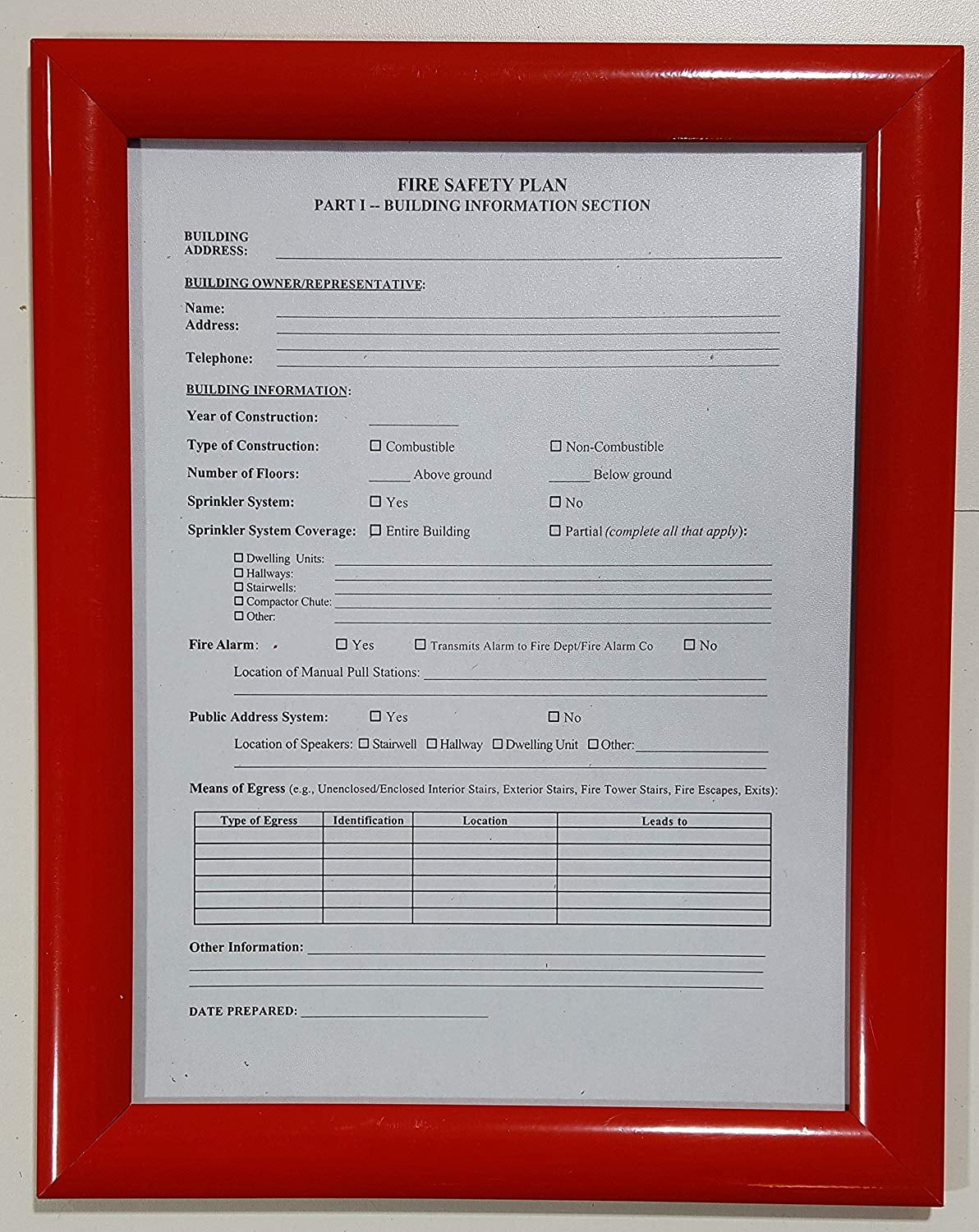 FIRE SAFETY PLAN FRAME - RED (STANDARD - ALUMINUM 8.5x11 ) - Walmart.com