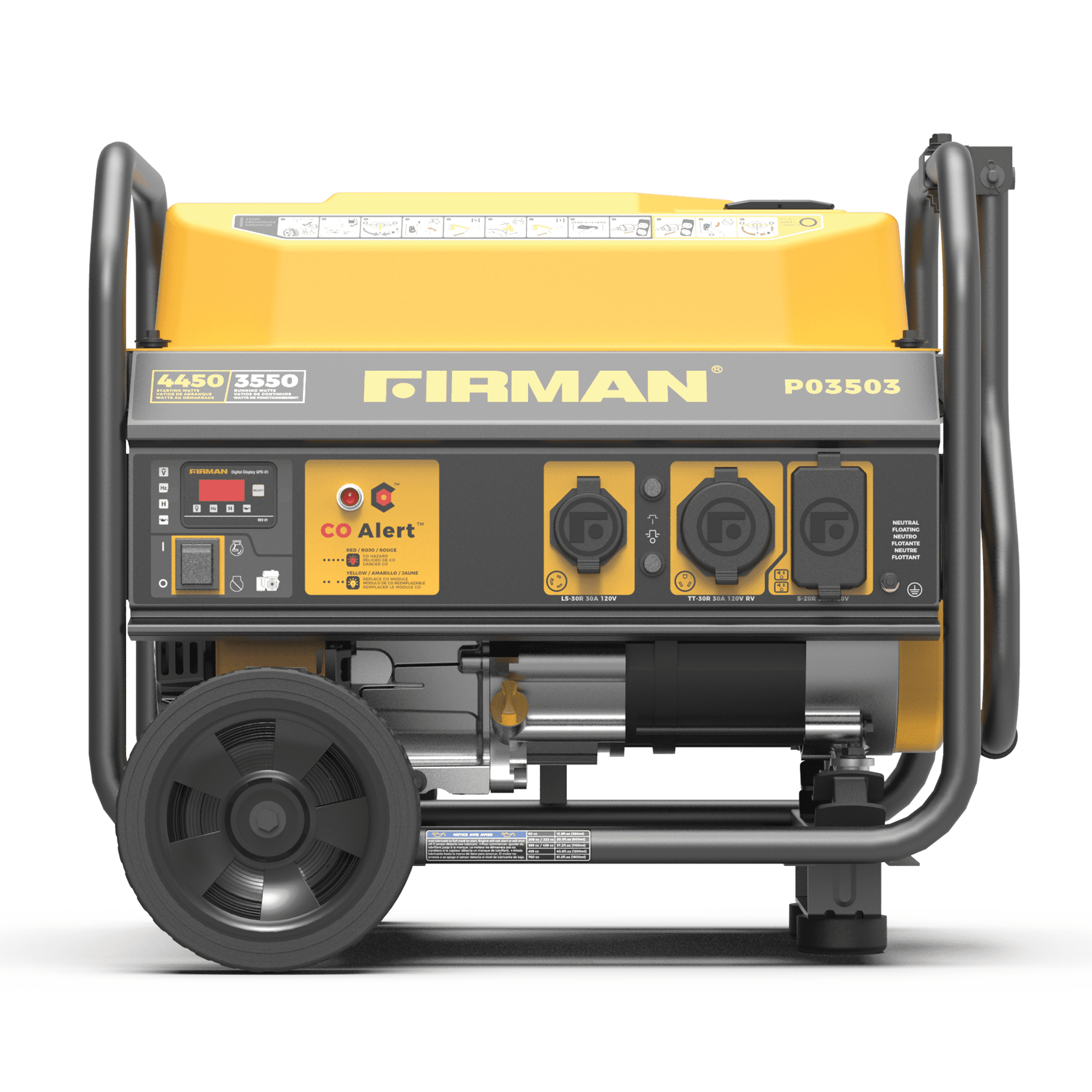 FIRMAN P03503 Portable Gas Generator 4550/3550W Recoil Start Wheel Kit Bonus Cover CO Shutoff 50 ...