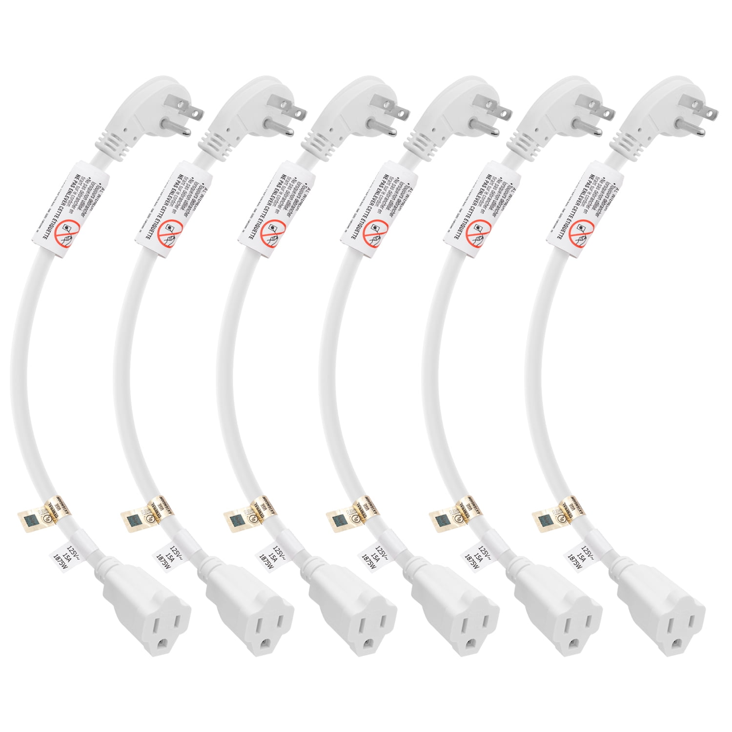FIRMERST 1875W Flat Plug Extension Cord 14AWG 15 Amps 1 feet, White ...
