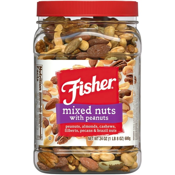 FISHER Snack Mixed Nuts with Peanuts, 24 oz Almonds, Cashews, Filberts, Pecans, Brazil Nuts ...