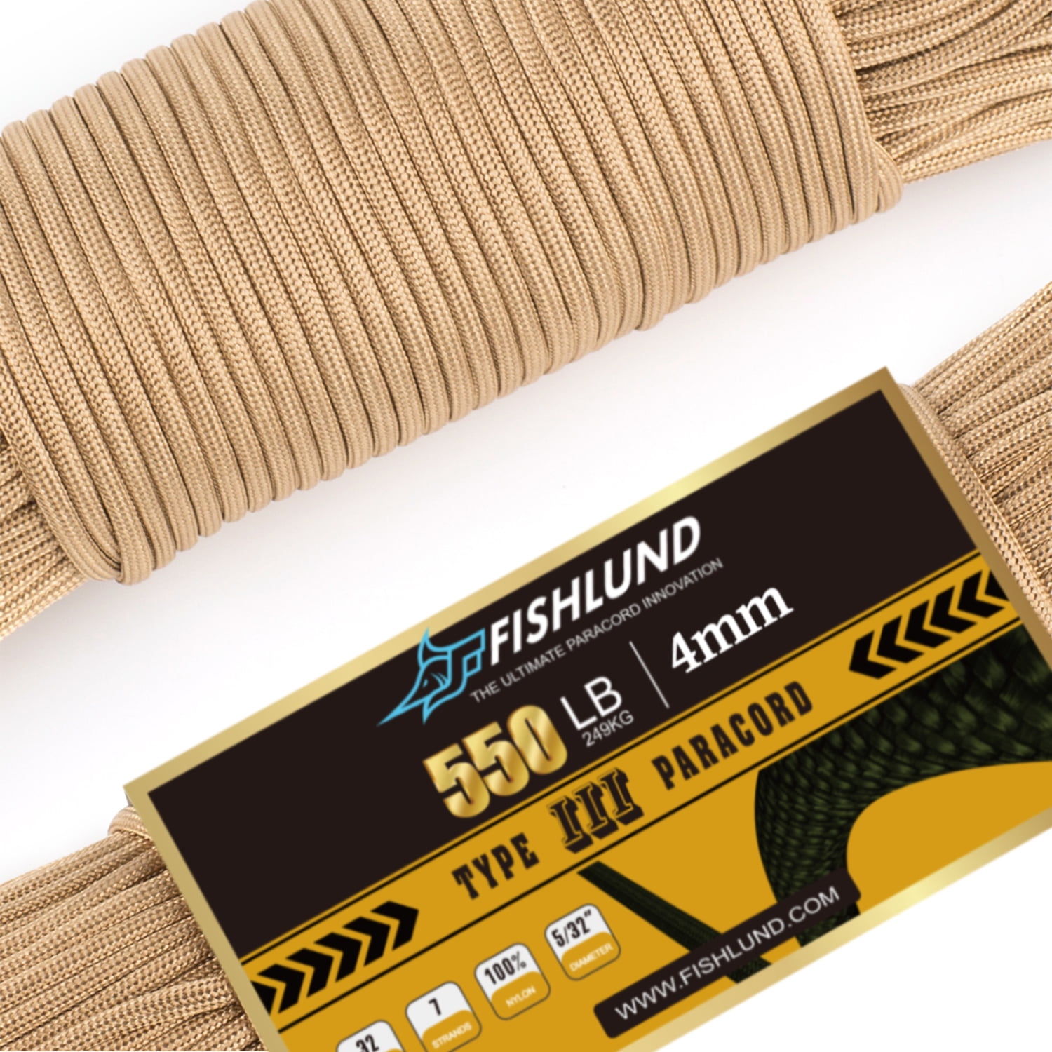 FISHLUND Paracord 550 lb, 7 Strand Type III Paracord Rope 100ft 4mm ...