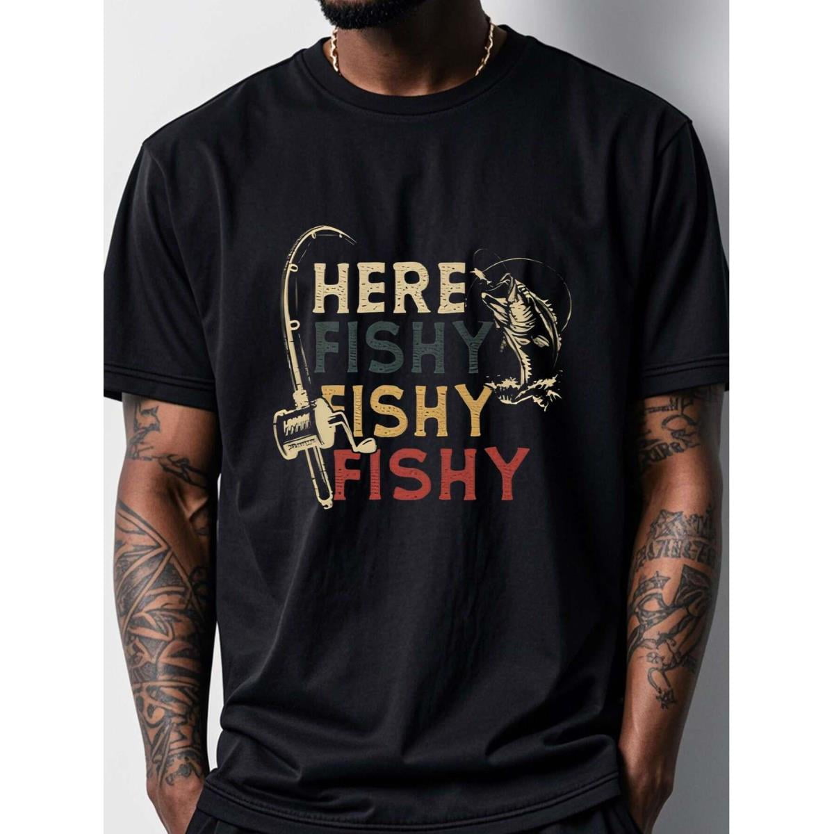 HERE FISHY FISHY Fishy Graphic T Shirts For Men Black Crew Neck Casual ...