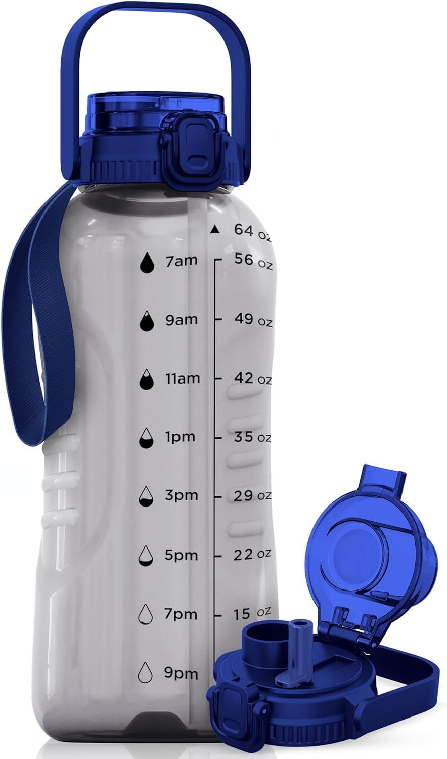 FIT 64 oz Water with Time Marker - 2in1 Straw & Chug Lid - BPA Free Big ...