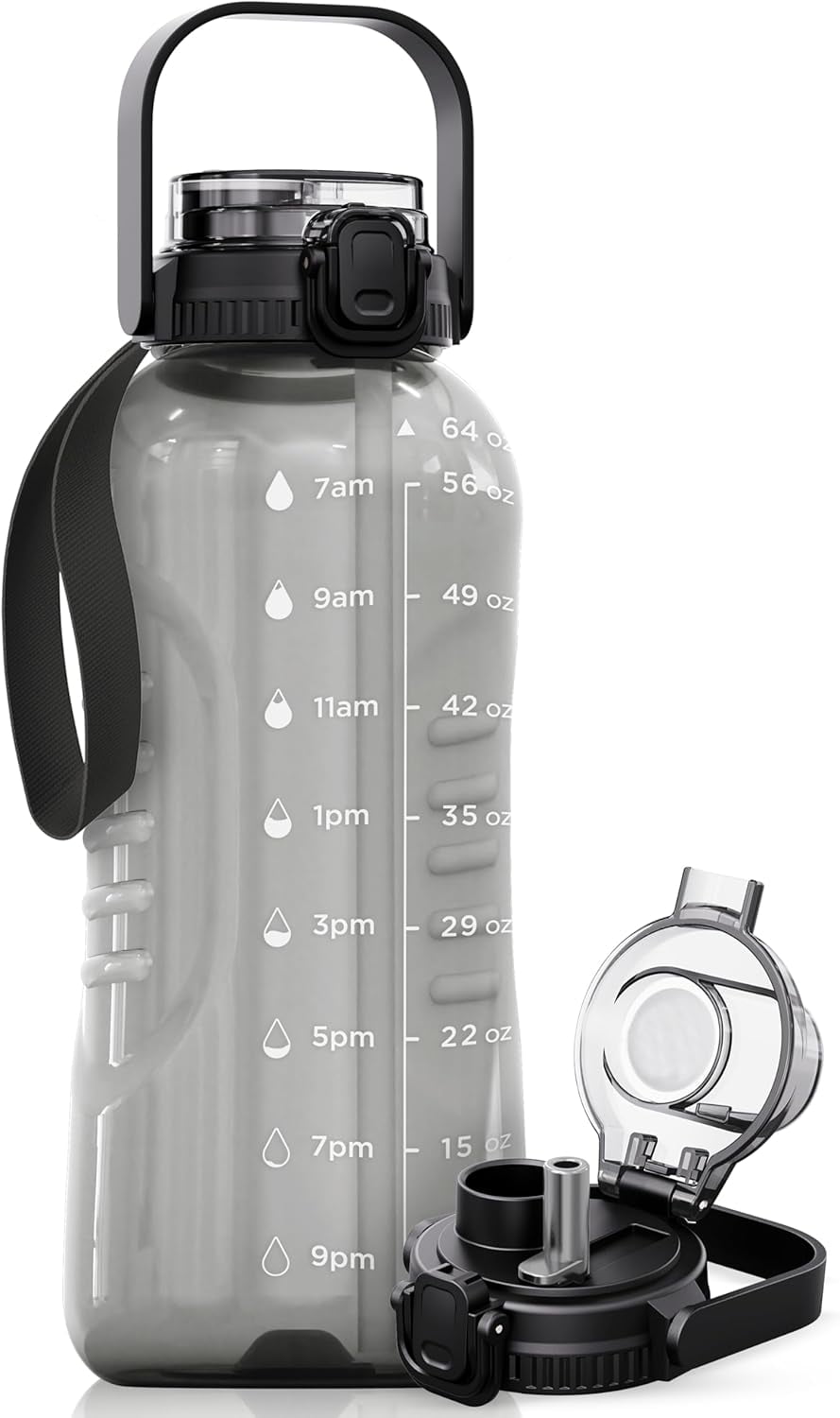 FIT 64 oz Water with Time Marker - 2in1 Straw & Chug Lid - BPA Free Big ...