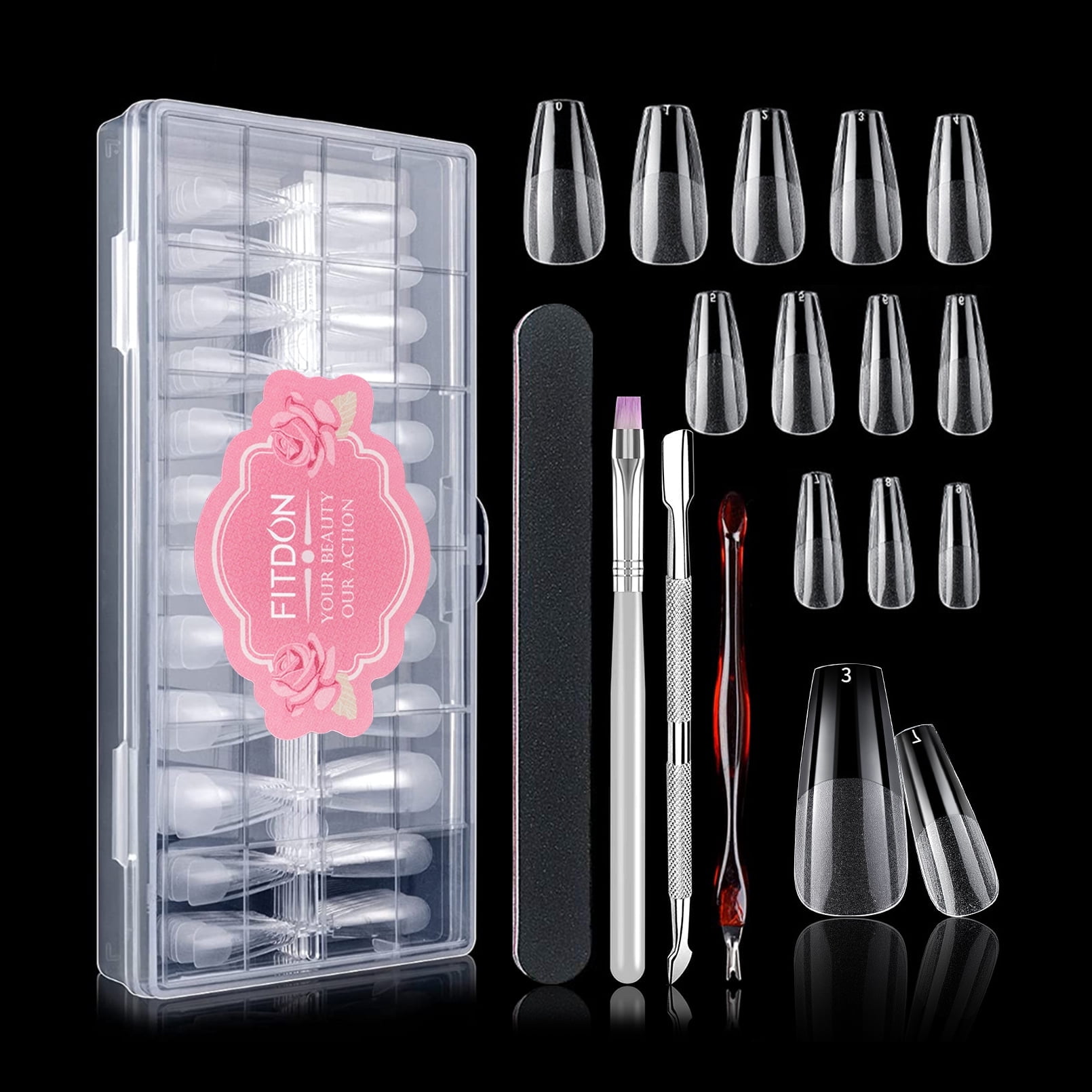 FITDON Clear Acrylic Coffin Nail Tips, 240PCS Full Cover Ballerina Fake ...