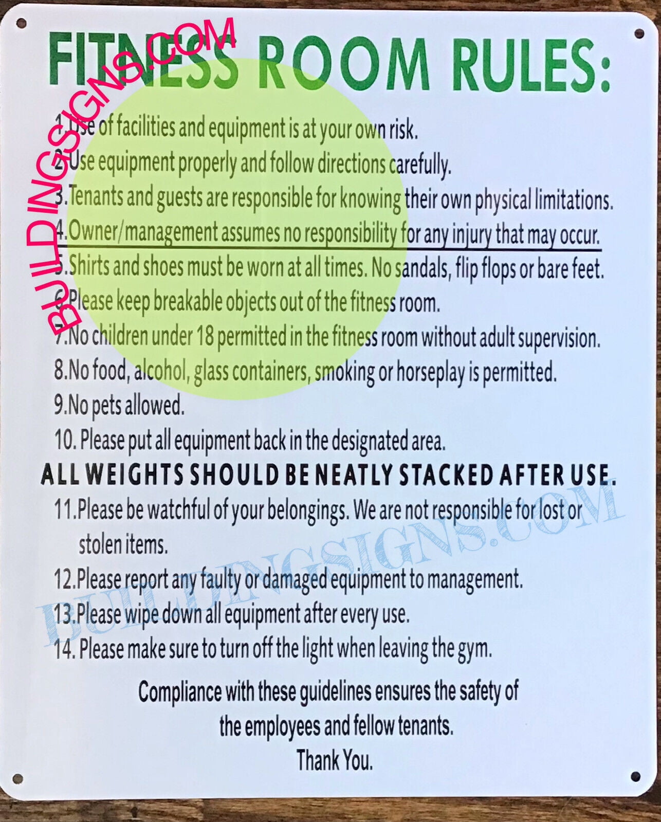 FITNESS ROOM RULES SIGN (10X12,WHITE,ALUMINUM)-ref15822 - Walmart.com