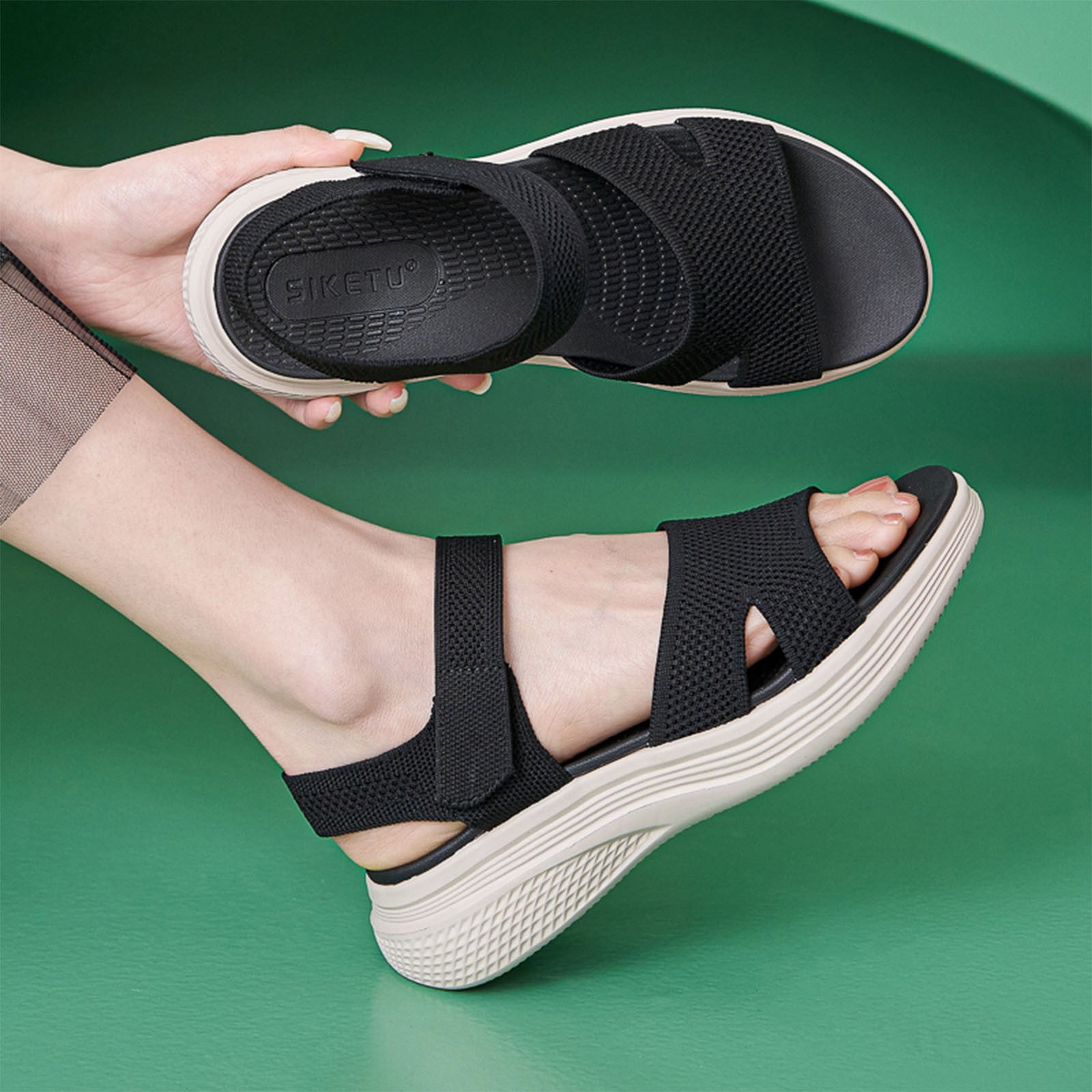 FITORON Knit Slip-On Sandals for Women Soft Foam Sole Low Wedge Sandals ...