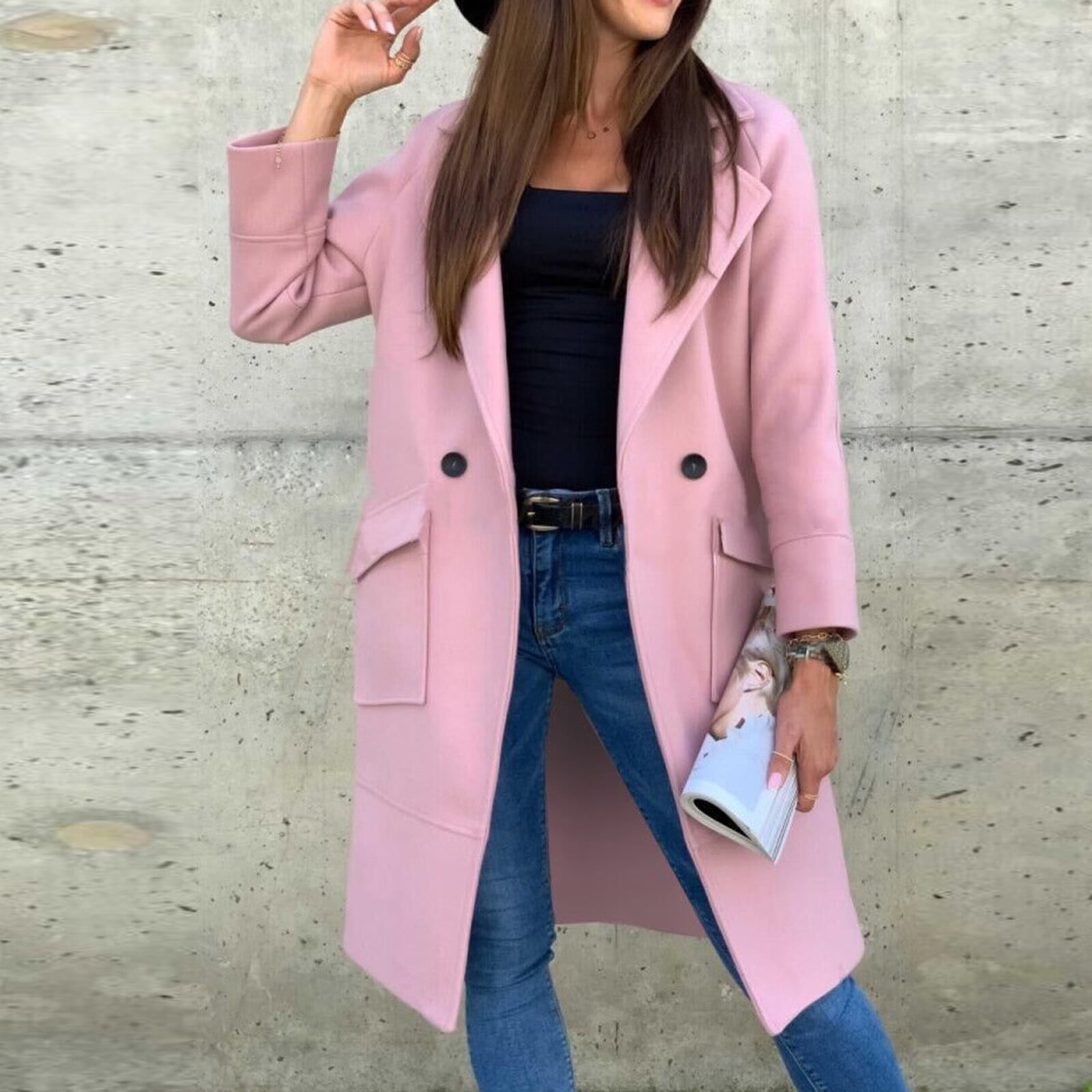 Zunfeo Women Autumn Overcoat- Solid Turndown Collar Button-Down Peacoat ...