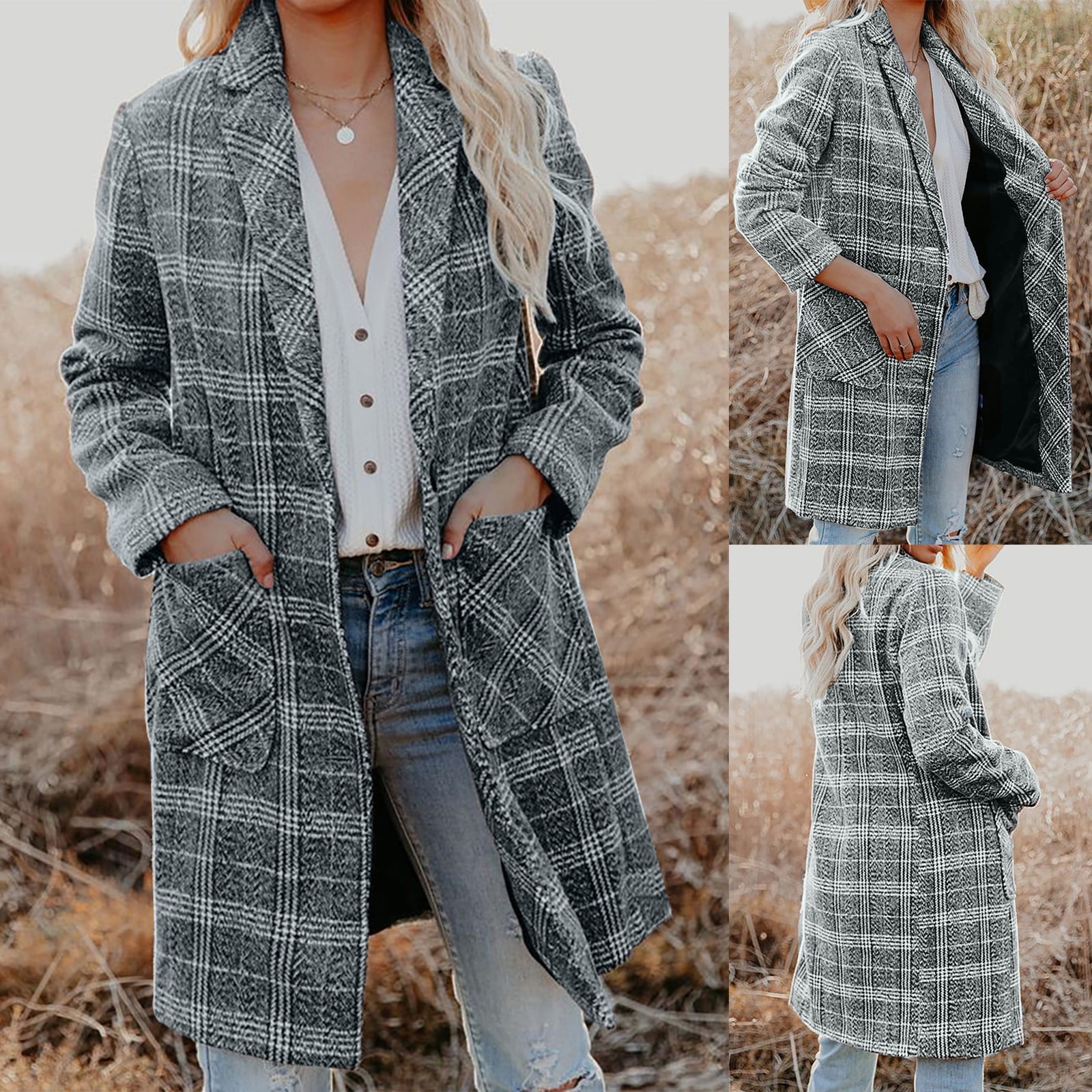 FITORON Wool Coats for Women- Plaid Button-Down Long Sleeve Elegant ...