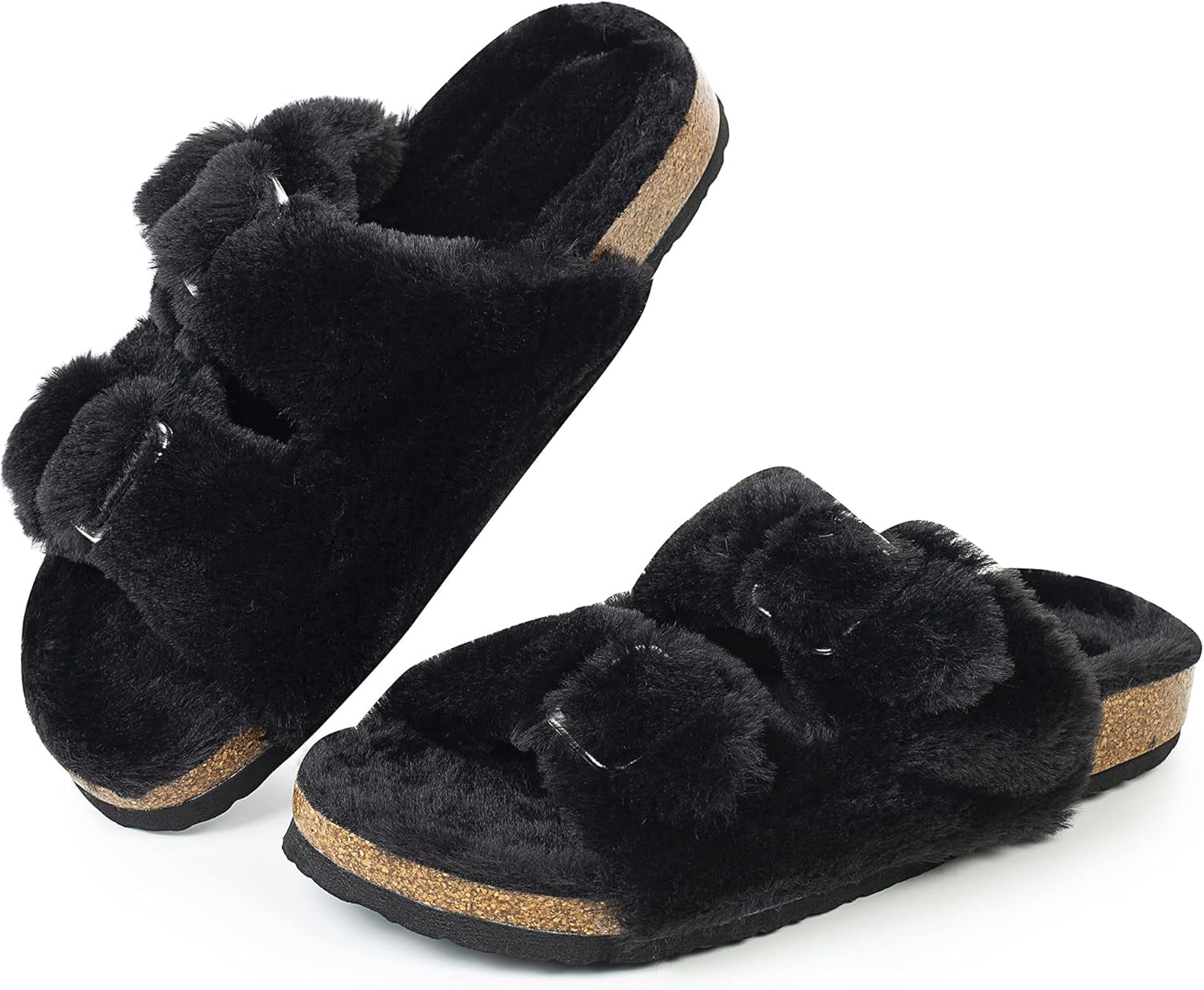 FITORY Womens Open Toe Slipper with Cozy Lining,Faux Rabbit Fur Cork ...