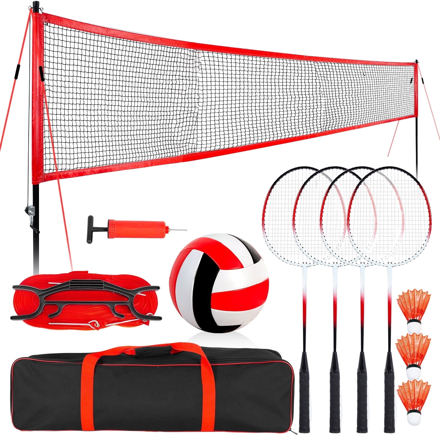 FITPLAY Volleyball & Badminton Combo Set with Net, 4 Badminton Rackets ...