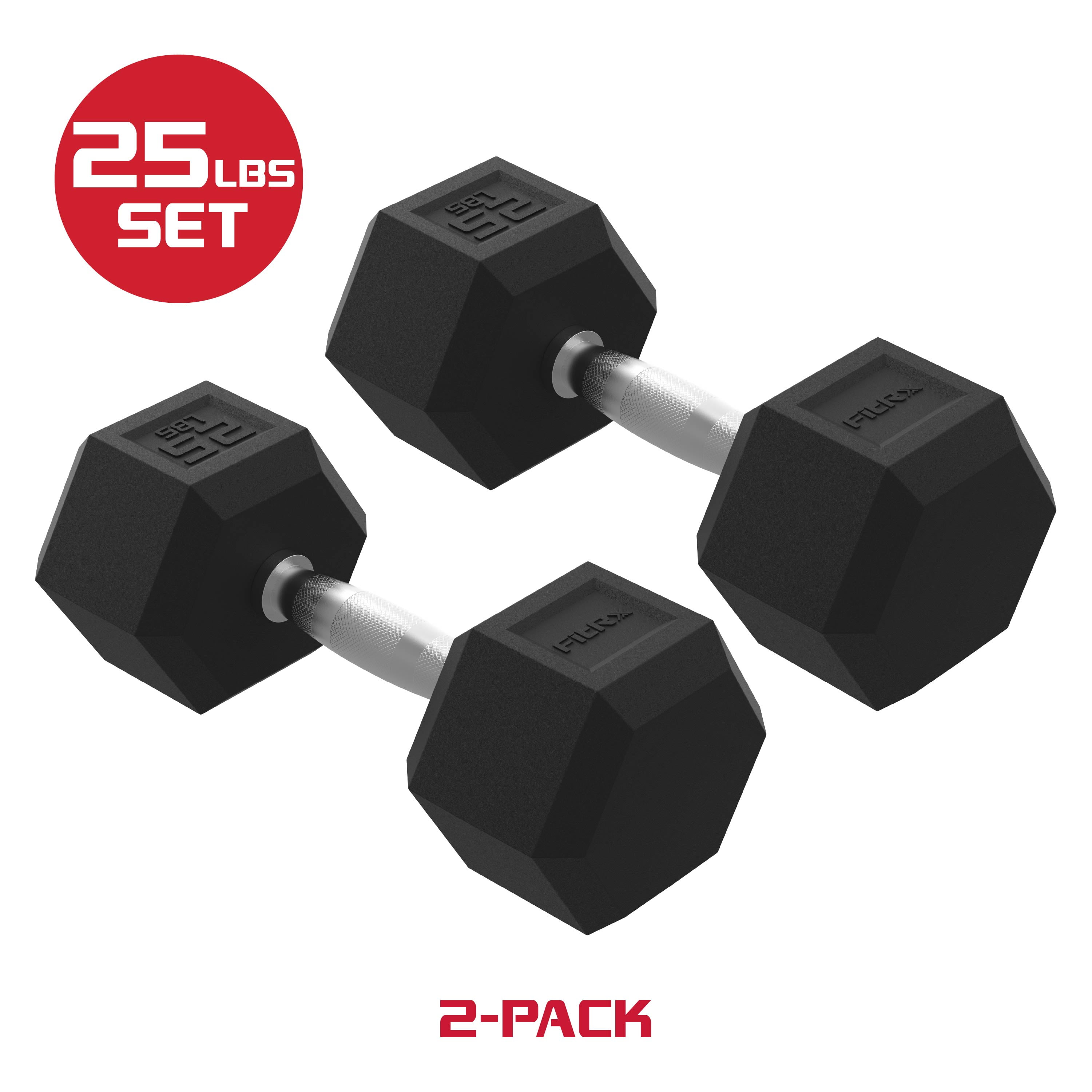 FitRx 25lbs Rubber Hex Dumbbell Set – Solid Steel Handles, Durable ...