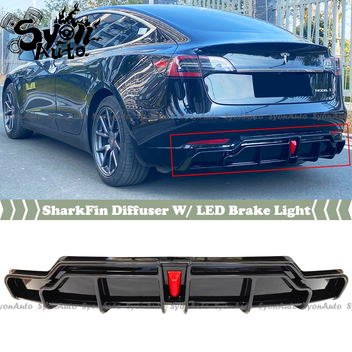 FITS 2017-2024 TESLA MODEL 3 GLOSSY BLACK SHARK FIN REAR DIFFUSER W ...