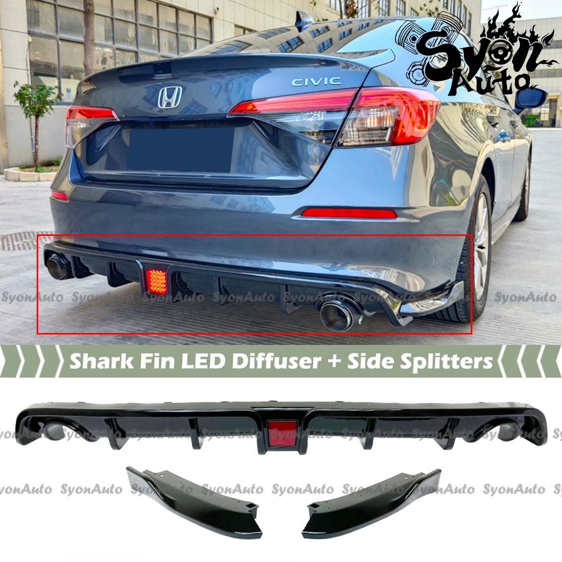 FITS 2022-2024 HONDA CIVIC SEDAN GLOSSY BLACK SHARK FIN REAR DIFFUSER W ...