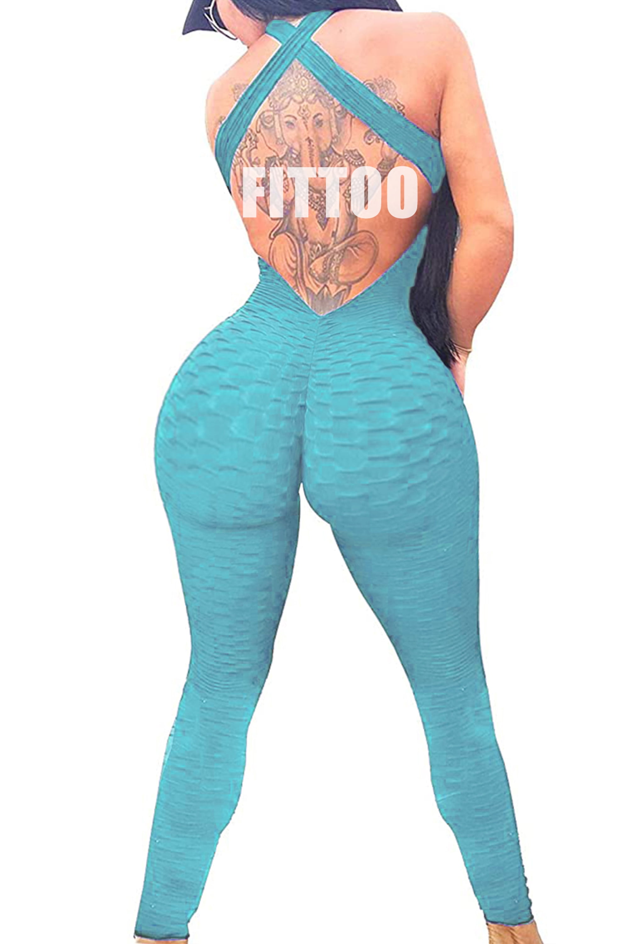 Fittoo Women Ruched Butt Lift Texture Bodysuit Yoga Fitness Backless