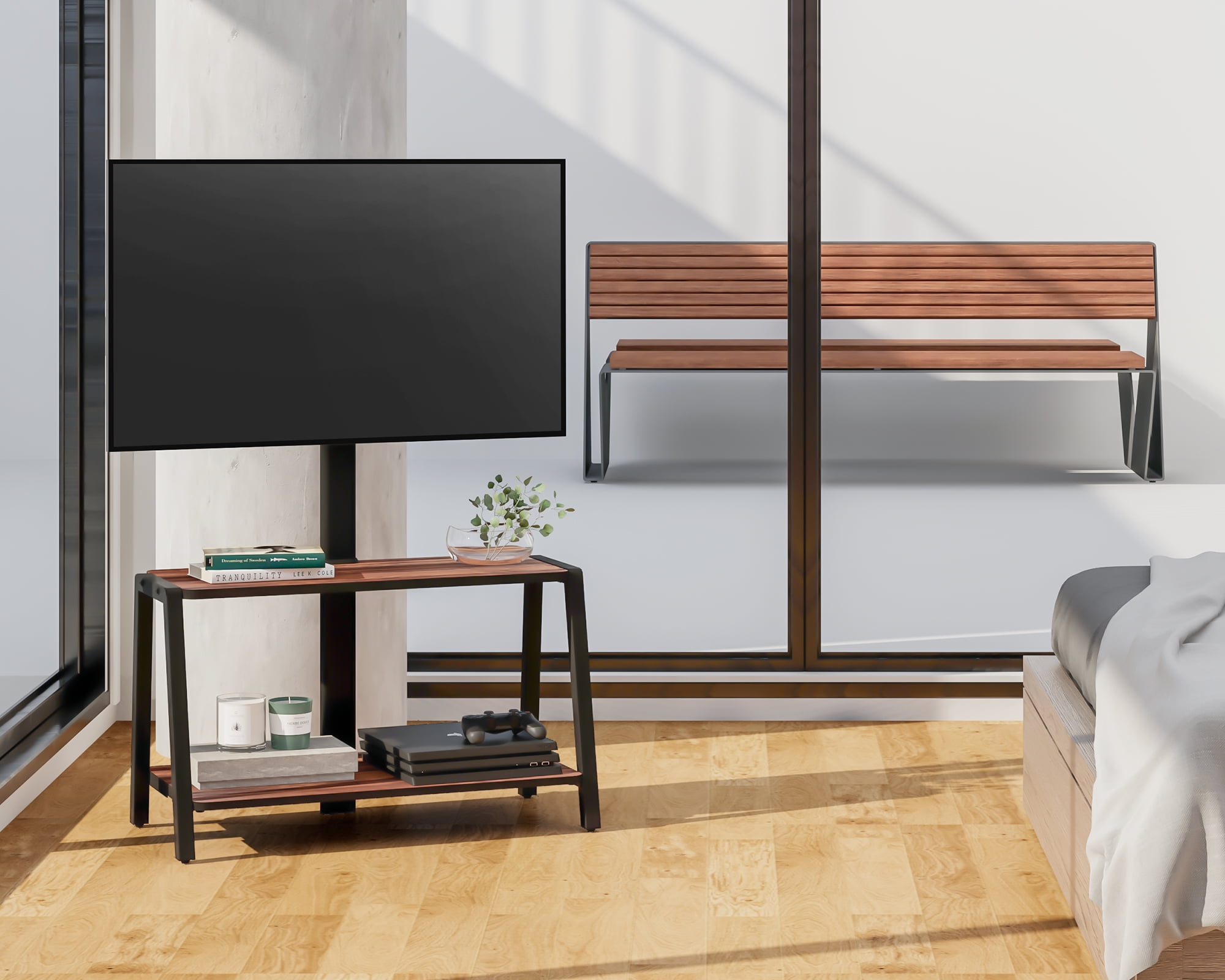 FITUEYES 2-Tier Floor Modern TV Stand for 32-55 Inch TVs Entertainment ...
