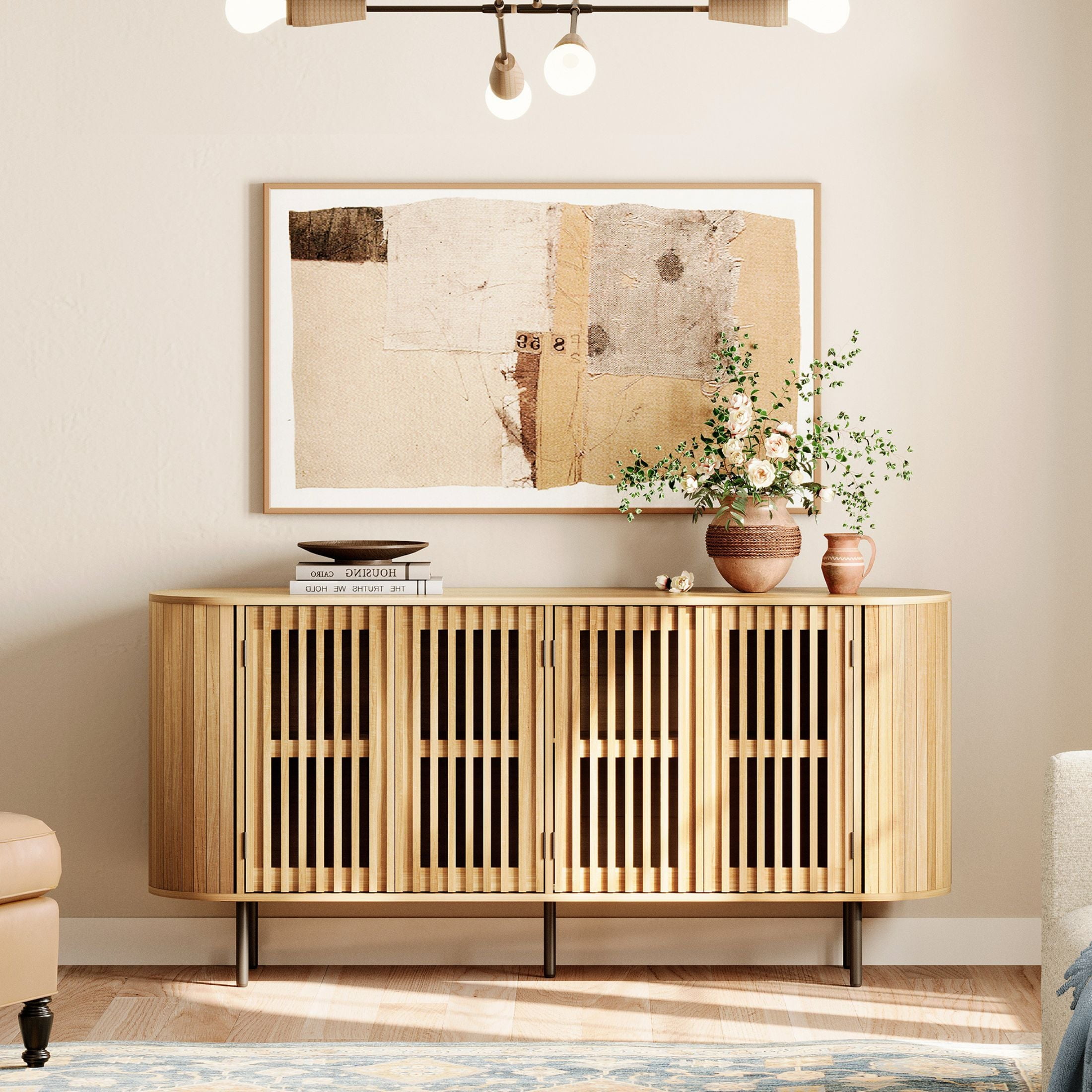 FITUEYES 64" Fluted Sideboard Buffet Cabinet with 4 Doors, Curved ...