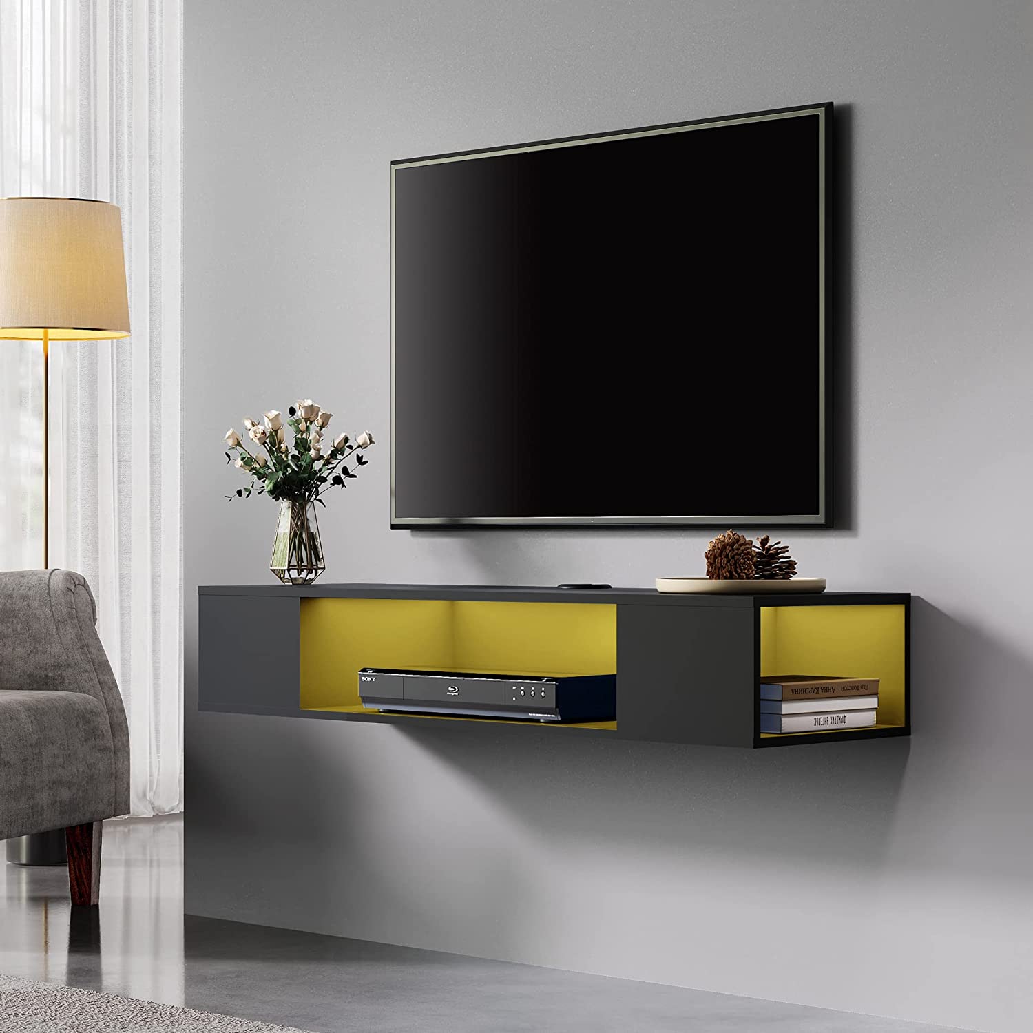 FITUEYES Black Floating TV Stand Shelf with Yellow LED Lights, Wall ...
