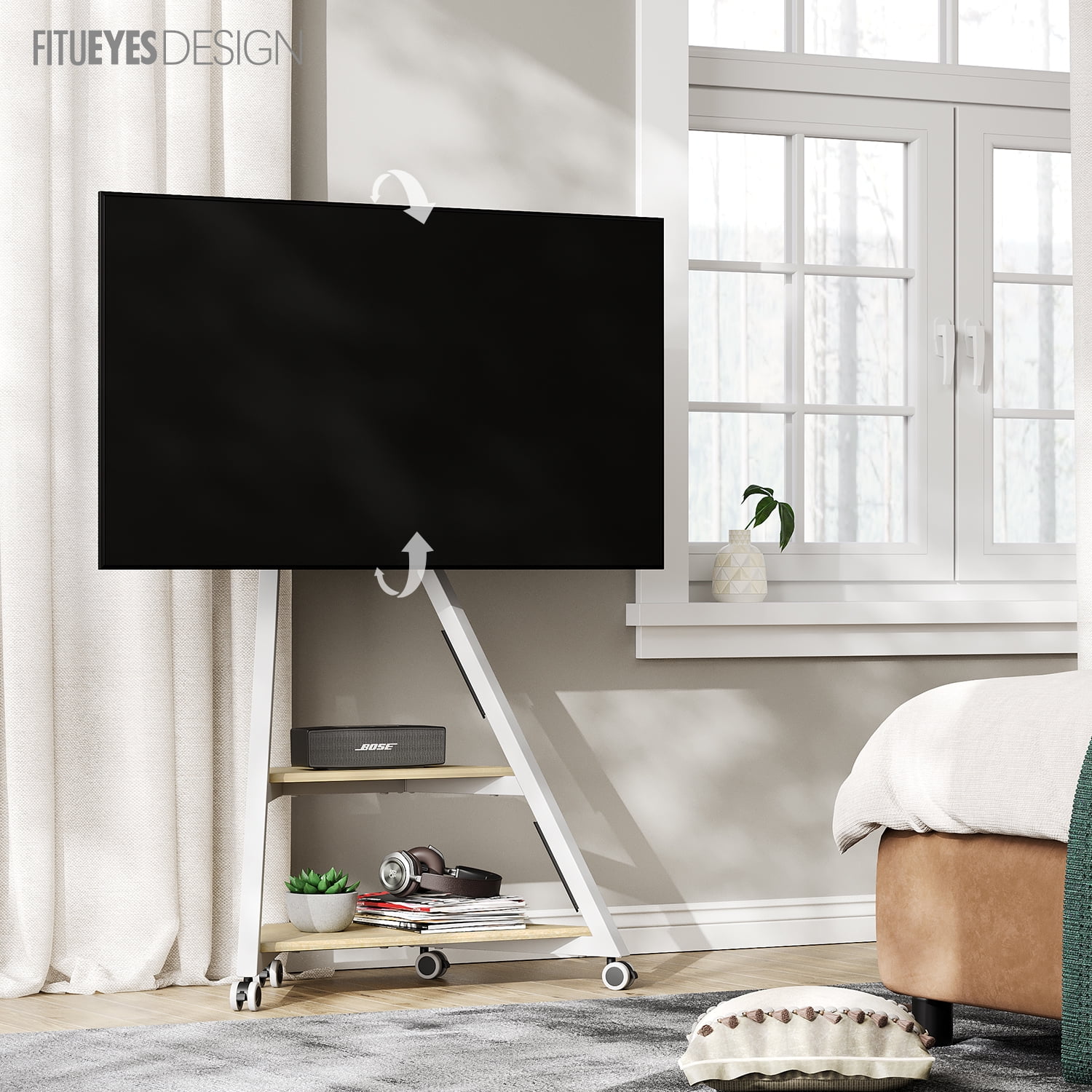 FITUEYES Design Corner TV Stand for 32 43 50 55 65 Inch TV, Rolling TV Stand for Bedroom, Living ...