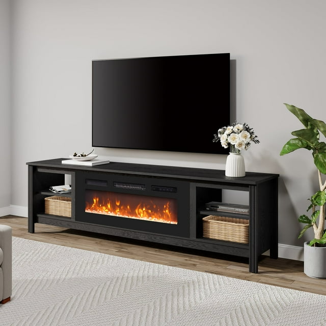FITUEYES Fireplace TV Stand for 75 Inch TVs, Wood Entertainment Center ...