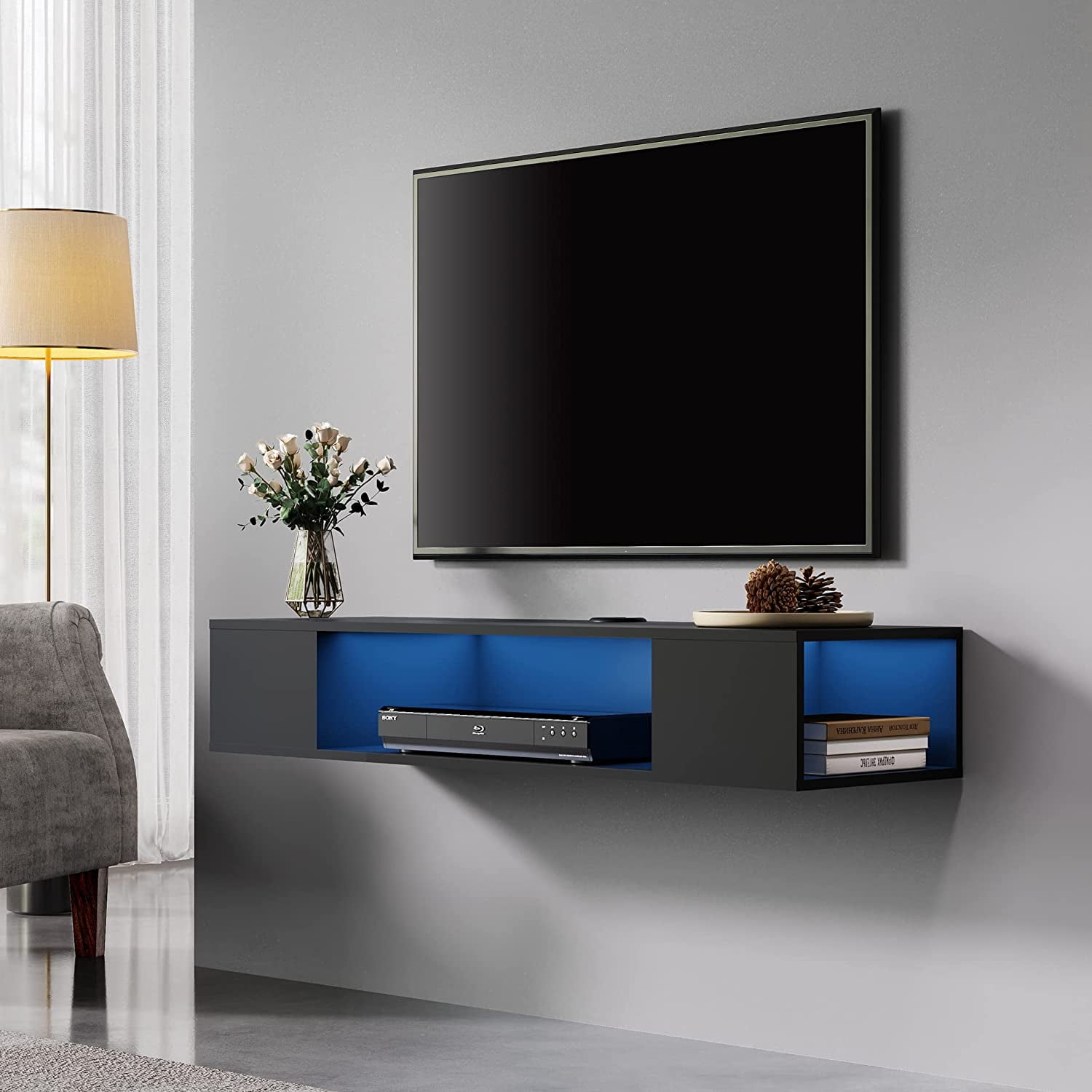 FITUEYES Floating TV Stand Shelf with Blue LED Lights, Wall Mounted Entertainment Center Media ...