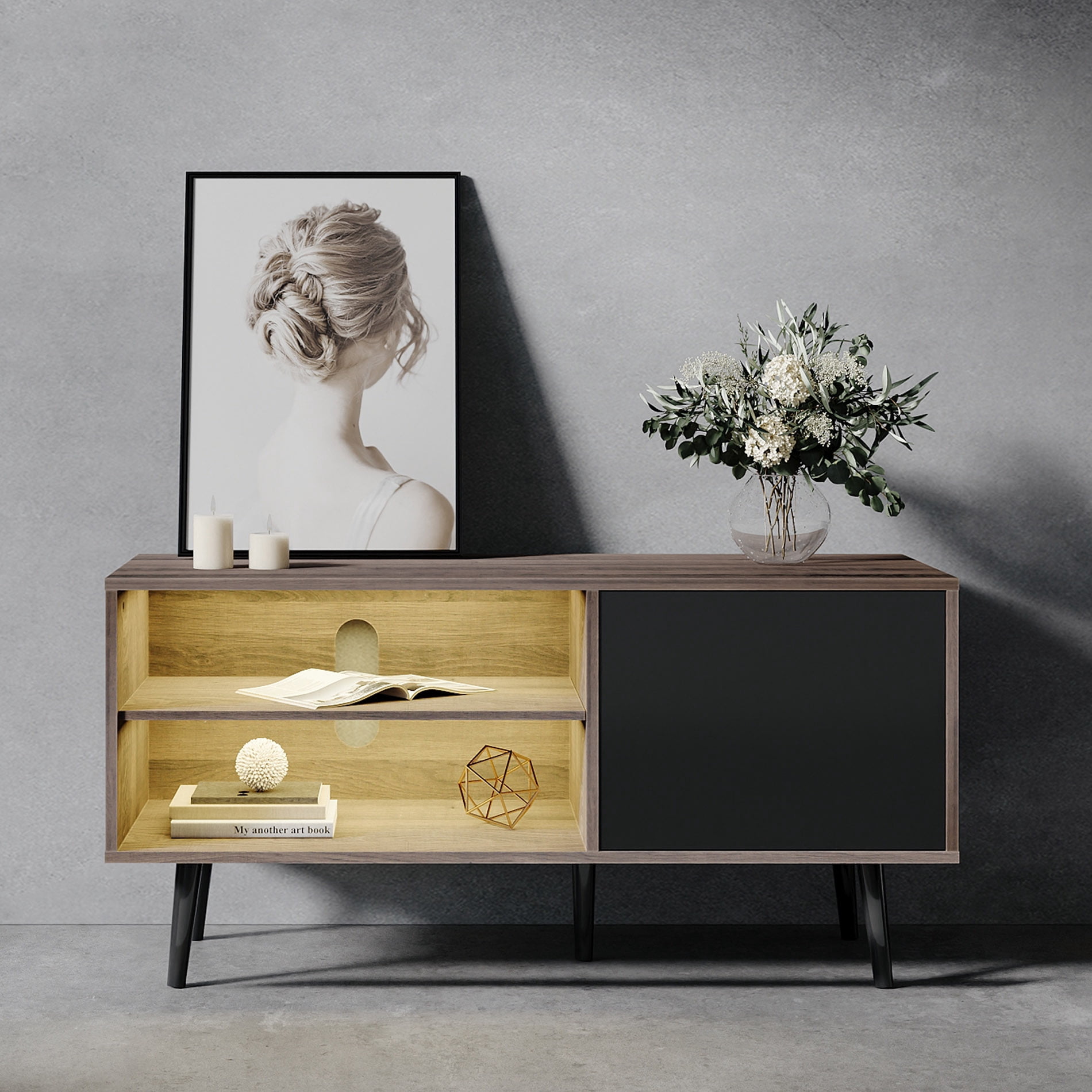 FITUEYES LED Mid Century Modern TV Stand for 55 inch Flact Screen, Wood ...