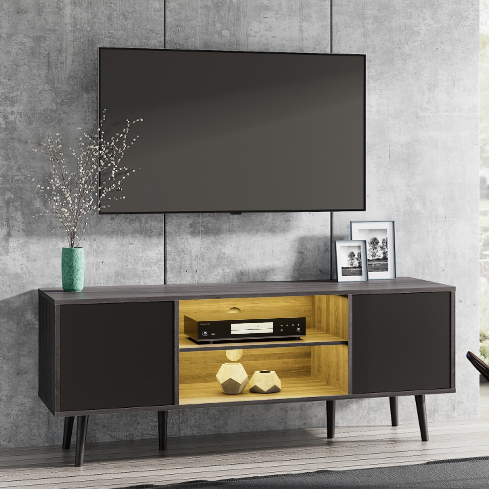 WAMPAT LED Mid-Century TV Stand for TVs up to 65 inch Wood Modern Entertainment Center Retro TV ...