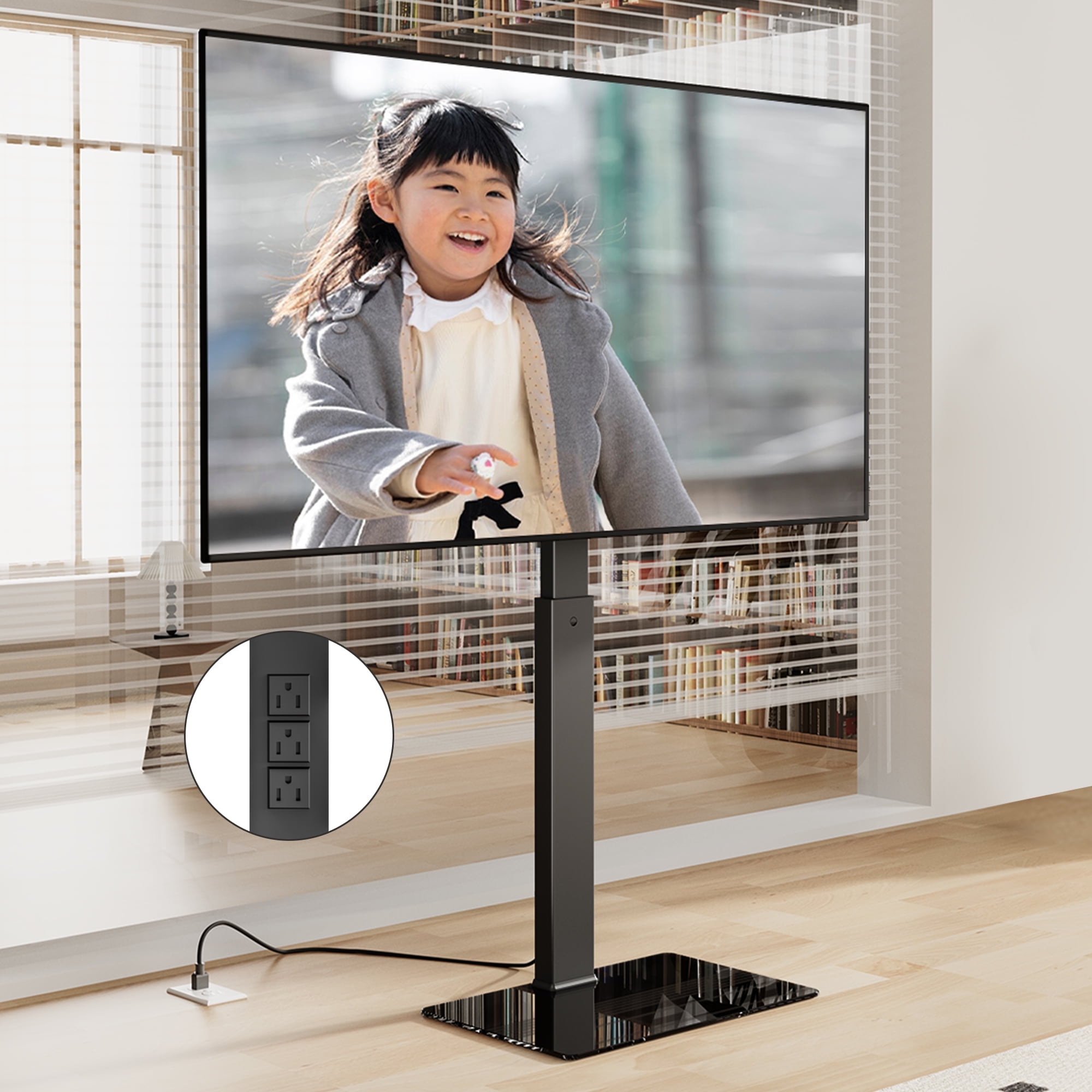 FITUEYES Modern Black Swivel Floor TV Stand with Power Strip for TVs up ...