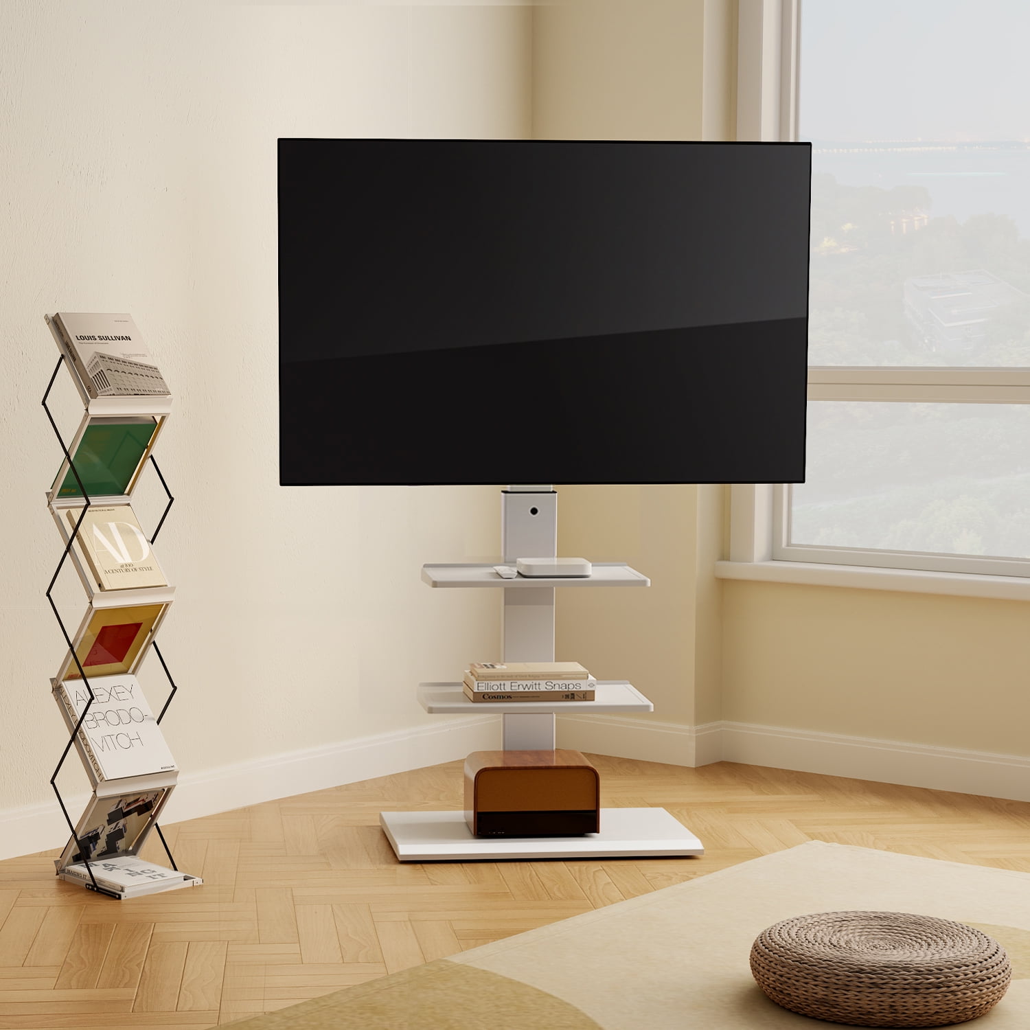 FITUEYES Modern Floor Metal Base TV Stands for 26 65 inch TVs with Two Shelves White