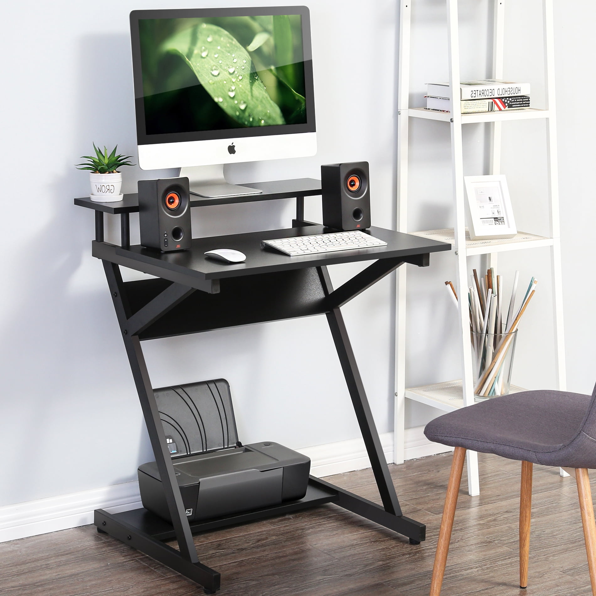 FITUEYES Office Computer Desk with White Metal Frame and Black Wood Top ...