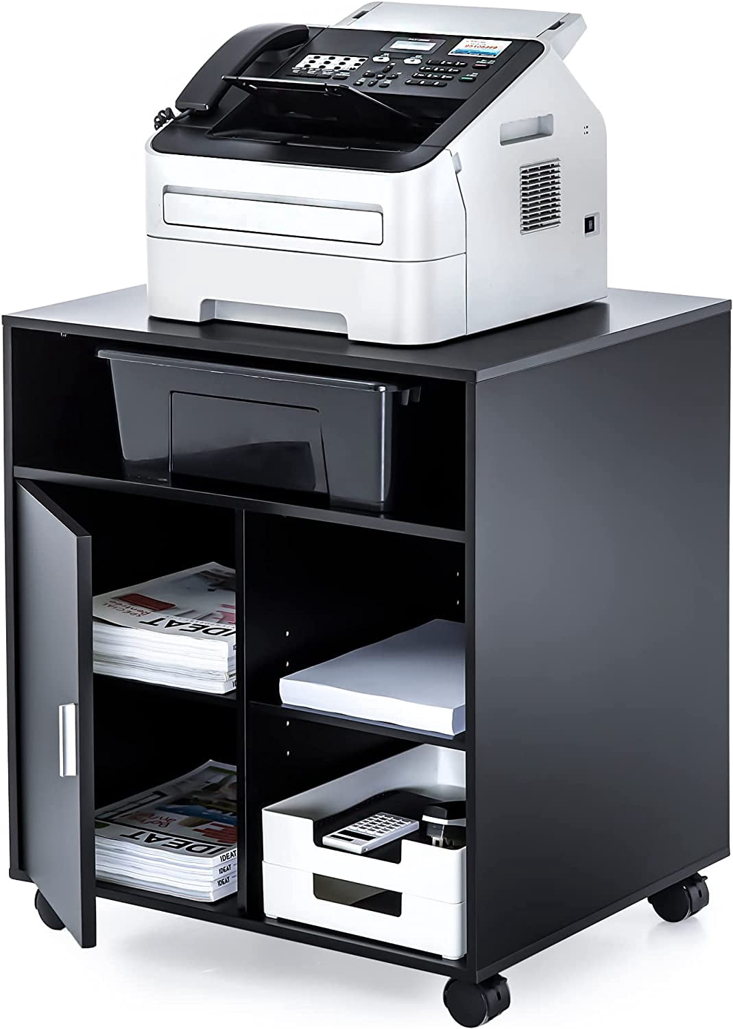 FITUEYES Printer Stand with Storage Adjustable Shelves, Wood Mobile ...