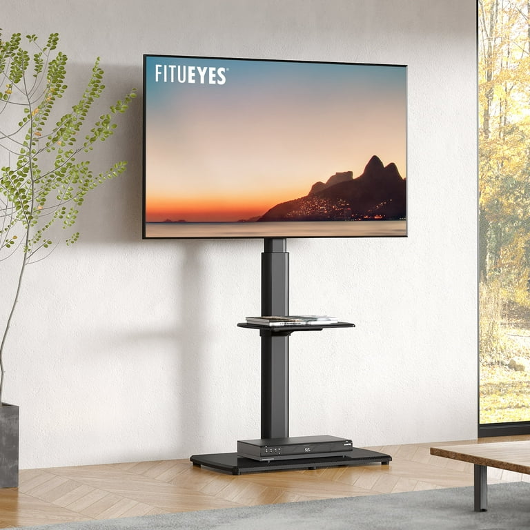 FITUEYES Universal TV Mount Floor Stand Wood Base for 32 70 inch TVs With One Shelf Black